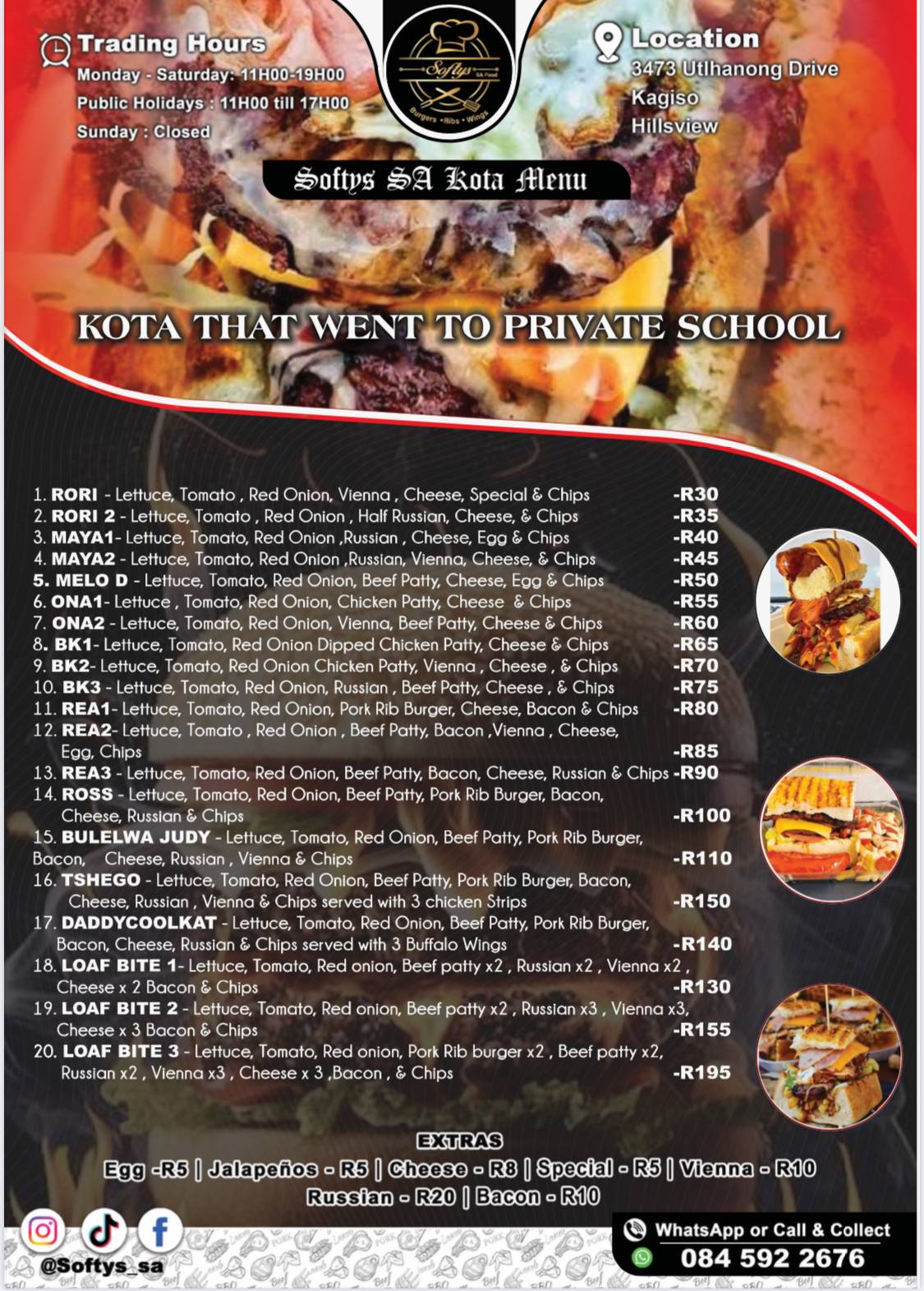 Menu at Softys SA Kagiso Branch restaurant, Krugersdorp