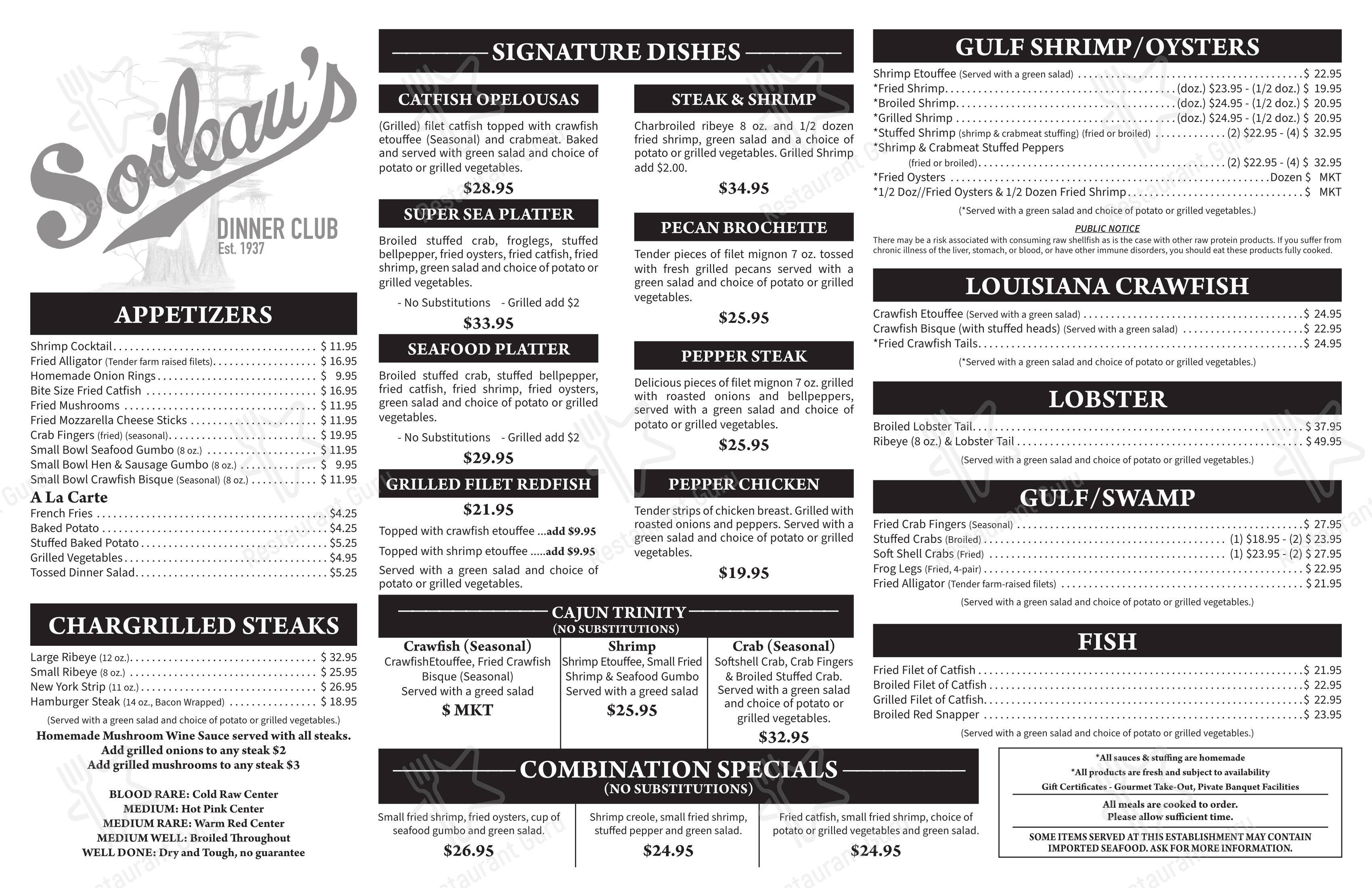 Menu at Soileau's Dinner Club, Opelousas