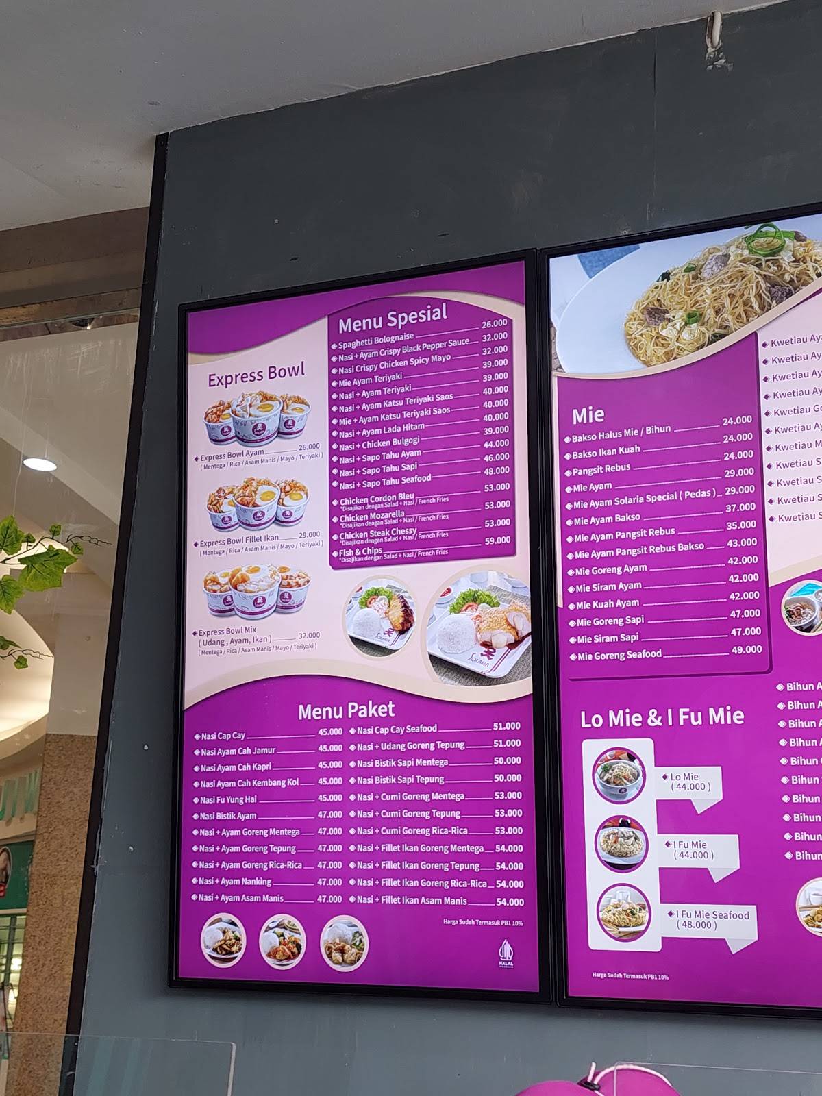 Menu at Solaria restaurant, Surabaya, Royal Plaza