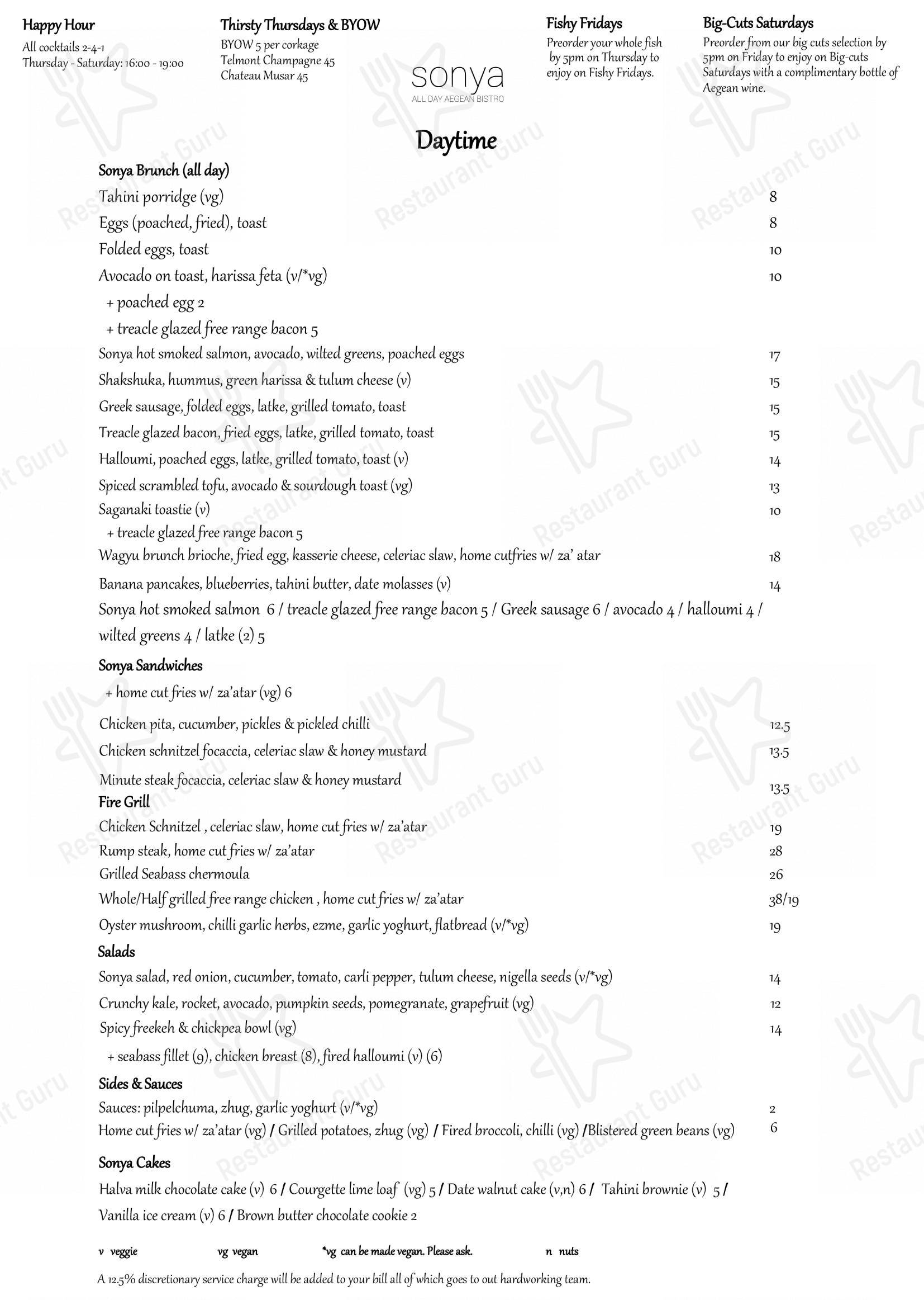 Menu at Sonya Restaurant (King's Road), London
