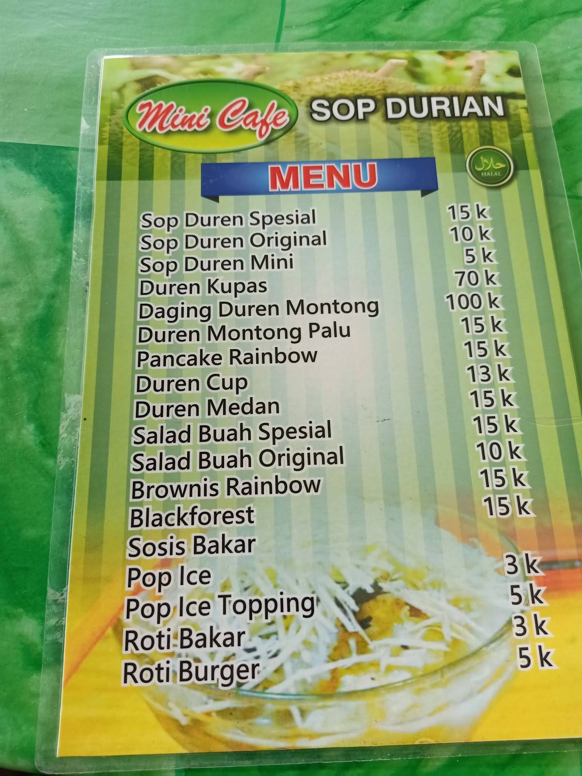 Menu at Sop duren mini cafe, Cigudeg