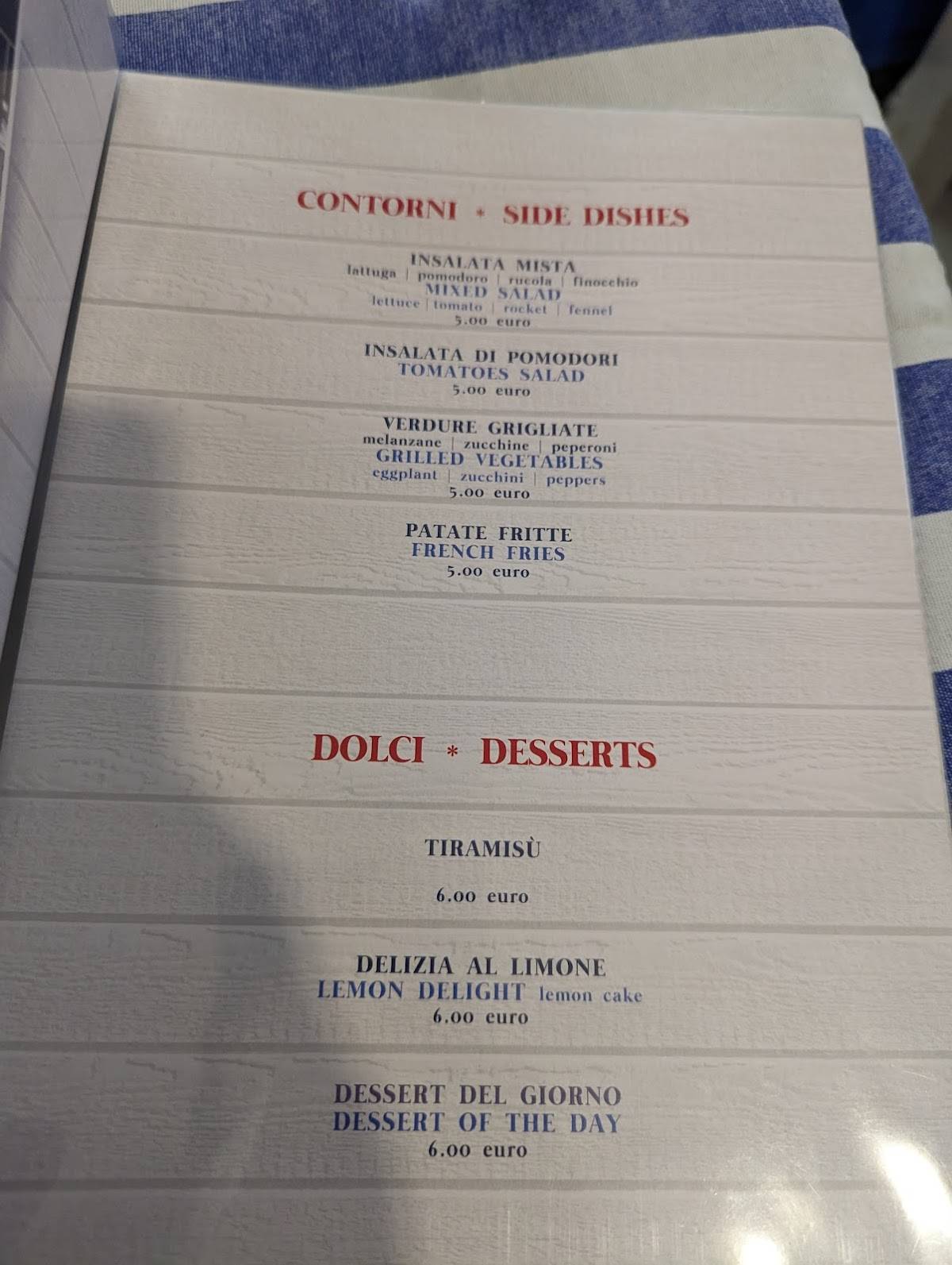 Menu at Porta Marina Seafood restaurant, Sorrento, Via Marina Grande