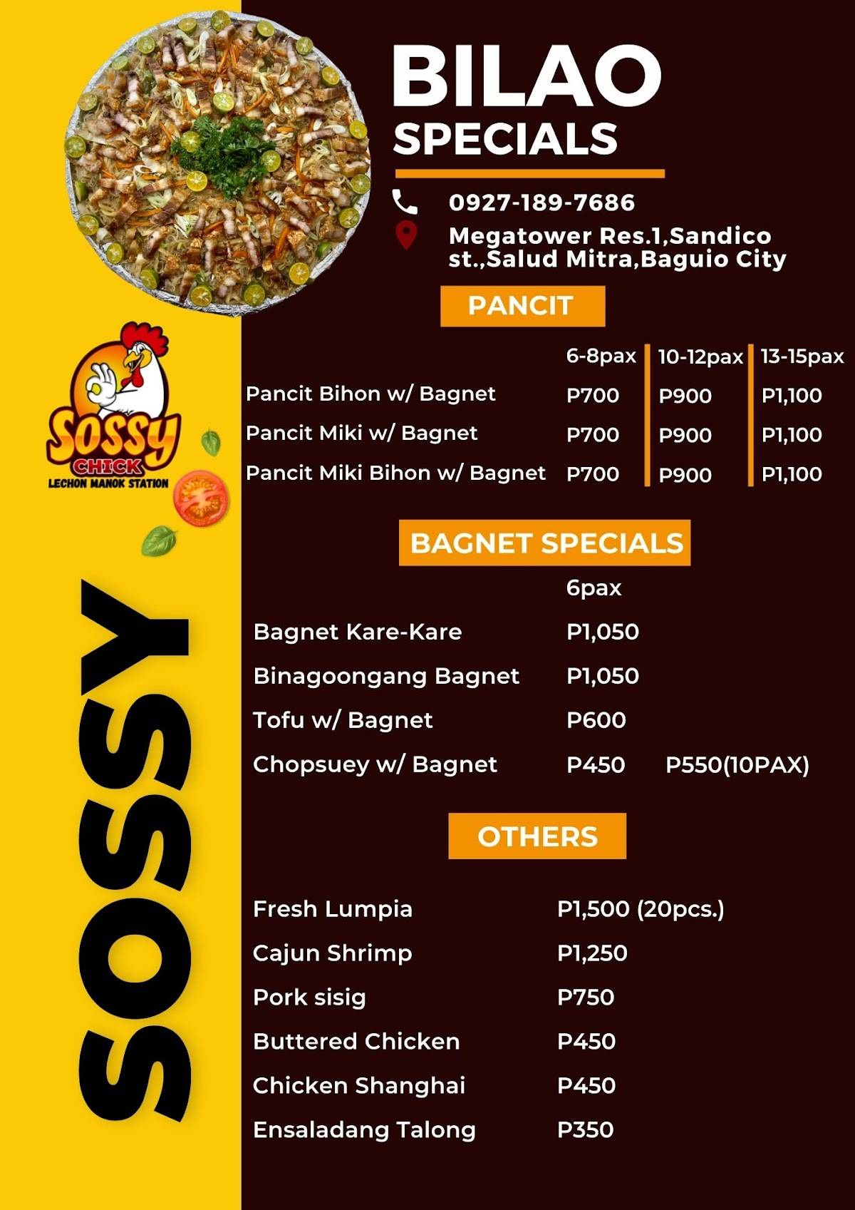 Menu at SossyChick Lechon Manok Baguio restaurant, Baguio