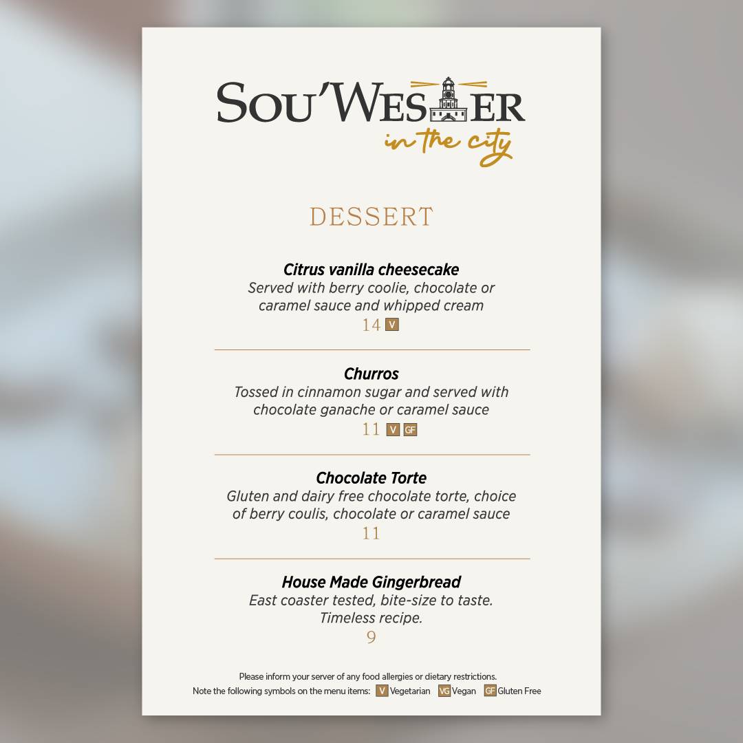 Menu at Sou'Wester in the City Restaurant & Social, Bedford