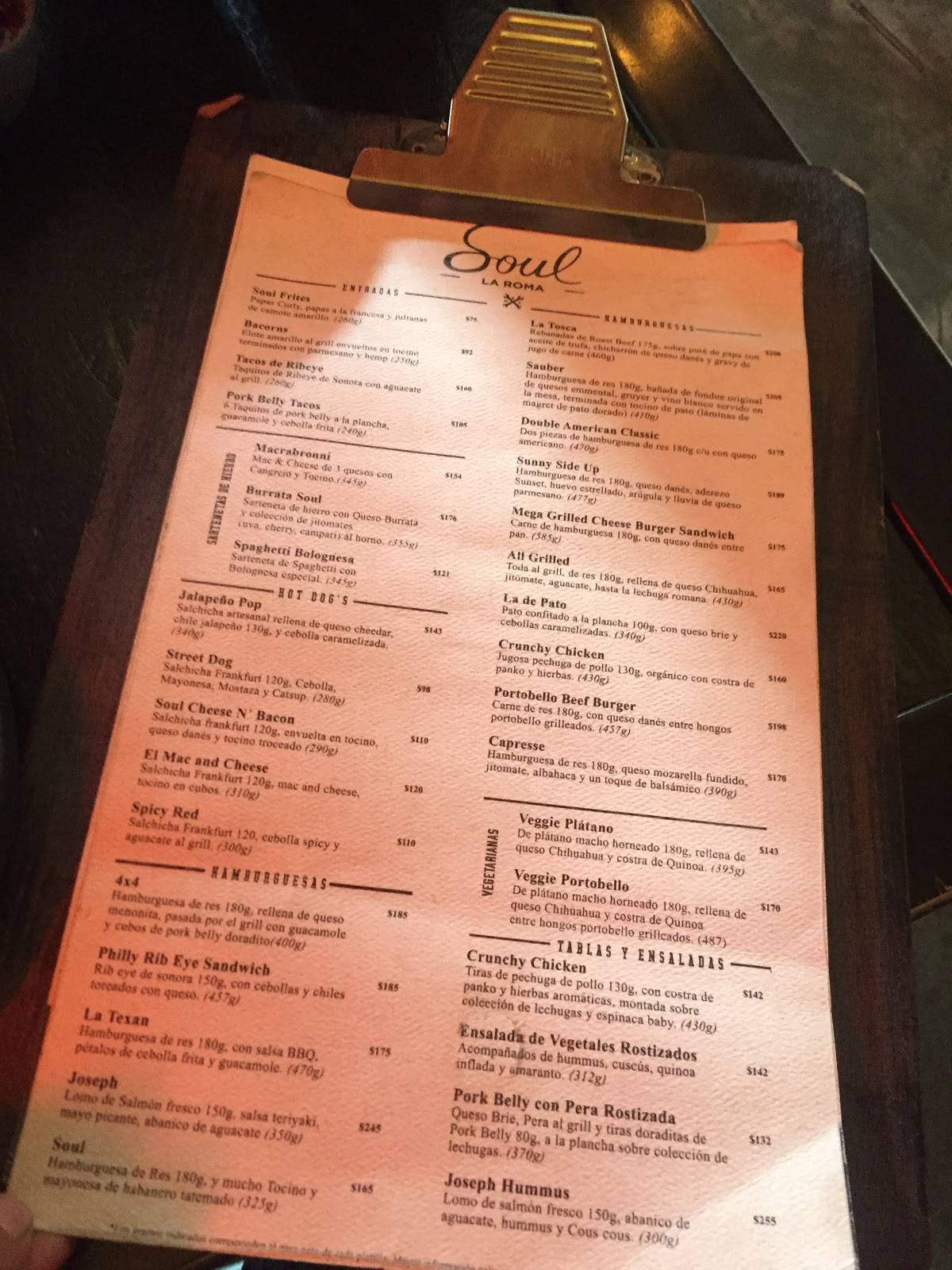 Carta del restaurante Soul La Roma, Ciudad López Mateos