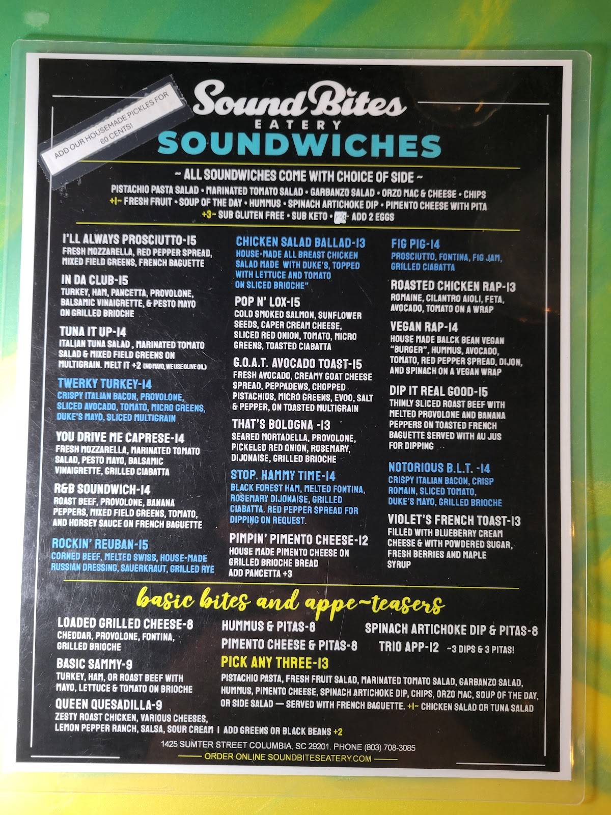 Menu at Sound Bites Eatery restaurant, Columbia