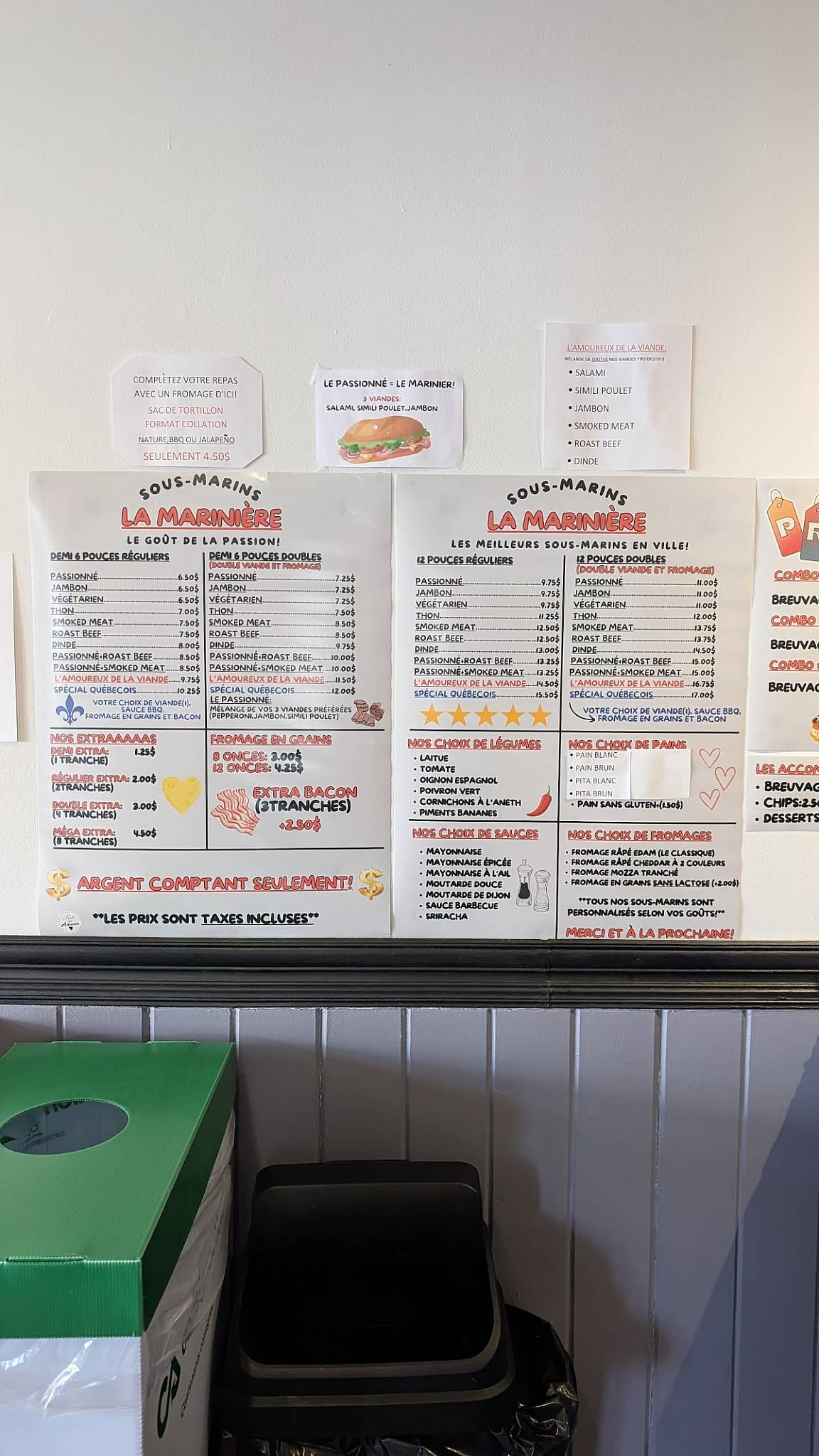 Menu au Sous-marins la Marinière restaurant, Québec