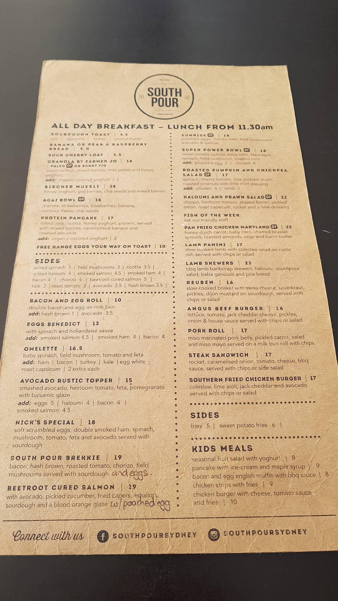 Menu at South Pour Sydney cafe, Penshurst