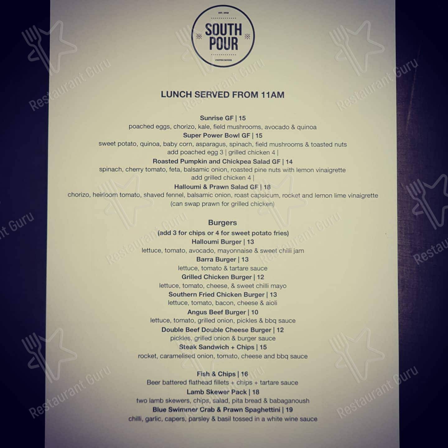 Menu at South Pour Sydney cafe, Penshurst