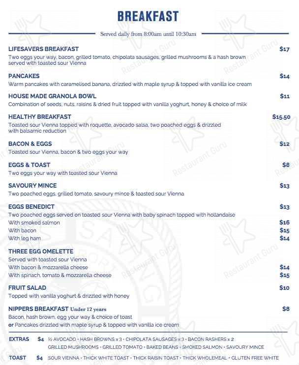 Menu at Southport Surf Life Saving Club, Main Beach