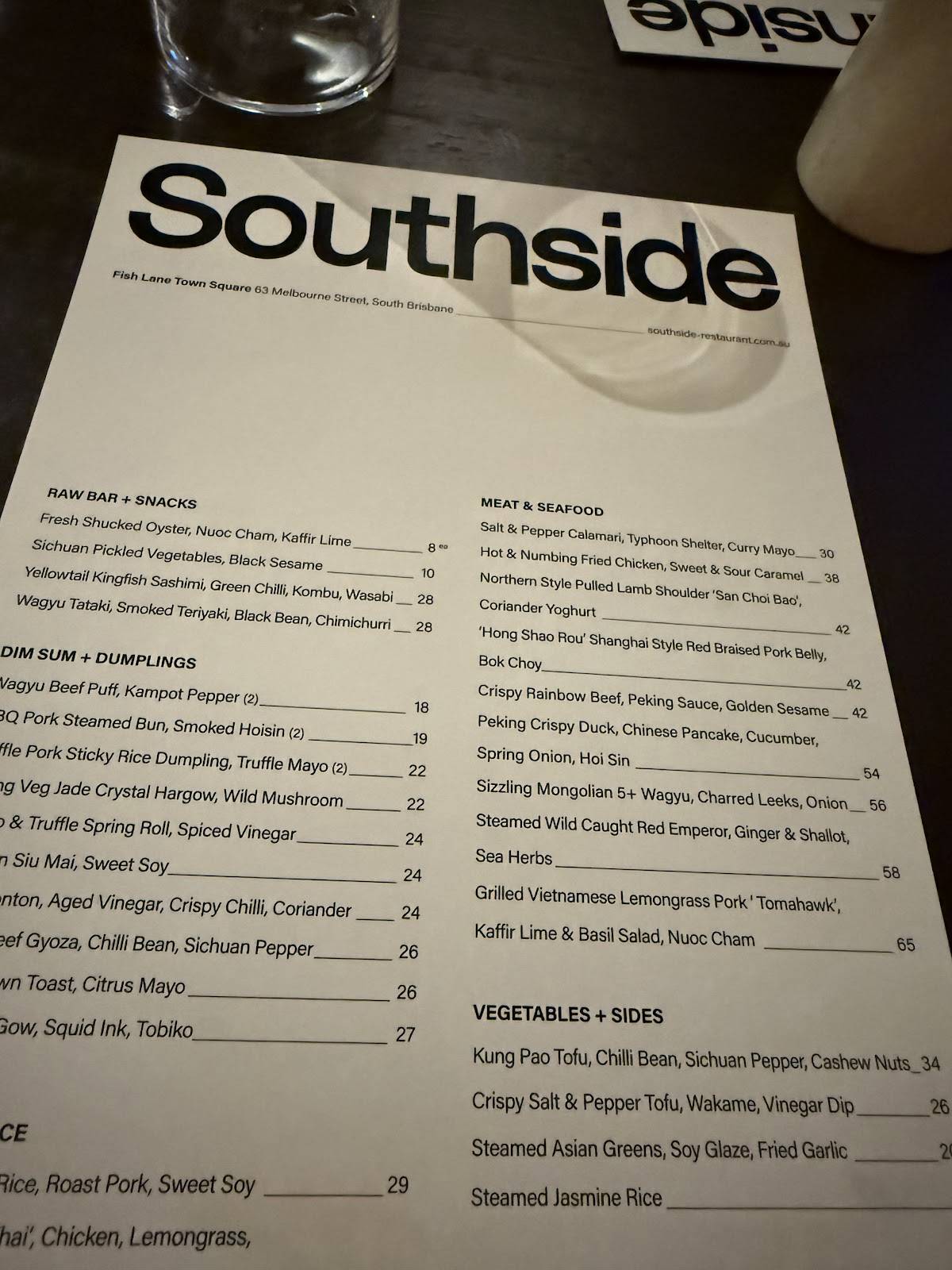 Menu at Southside Restaurant, South Brisbane