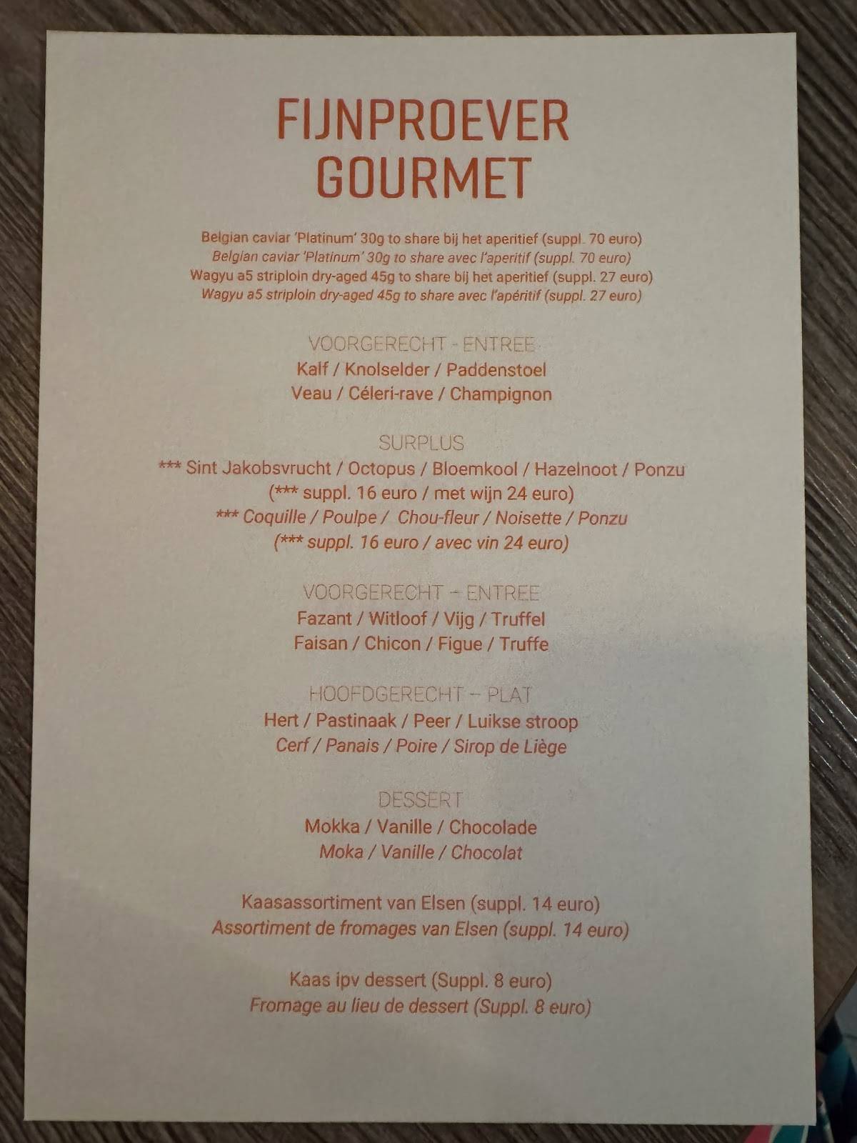 Menu au Spaans Dak restaurant, Oud-Heverlee