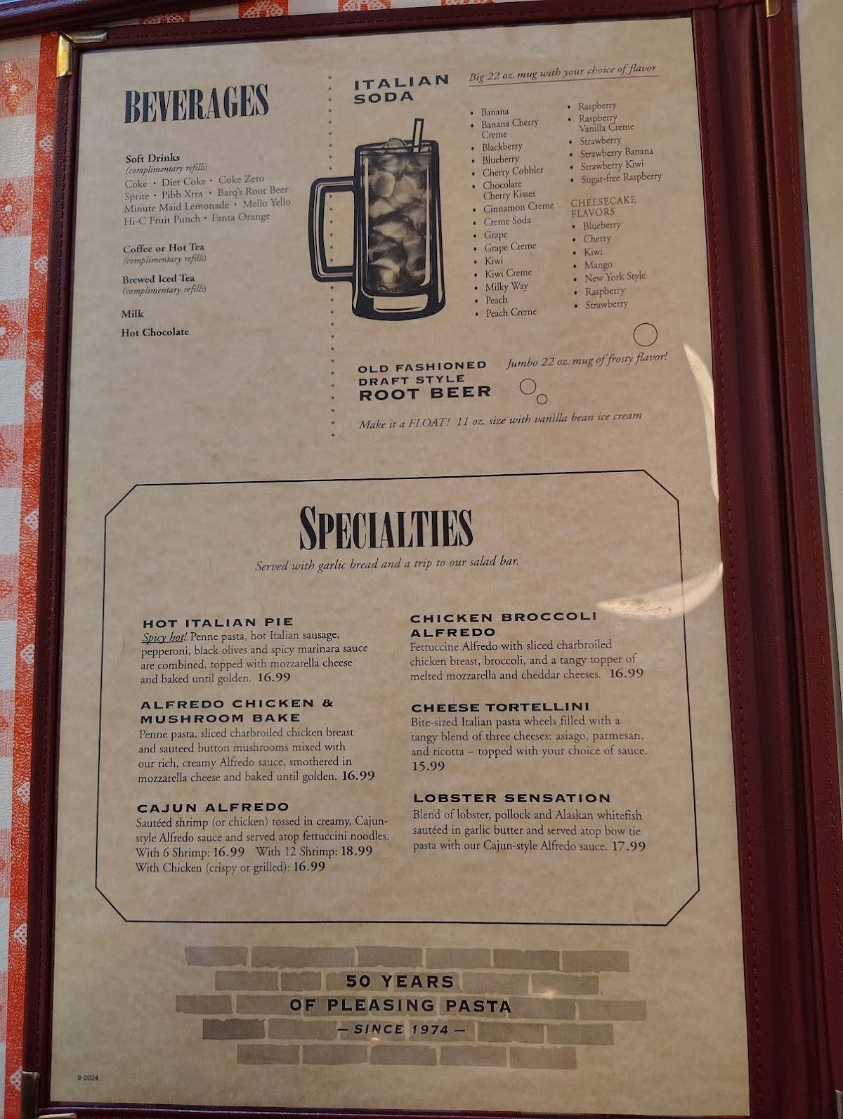 Menu at Spaghetti Works restaurant, Ralston, Park Dr