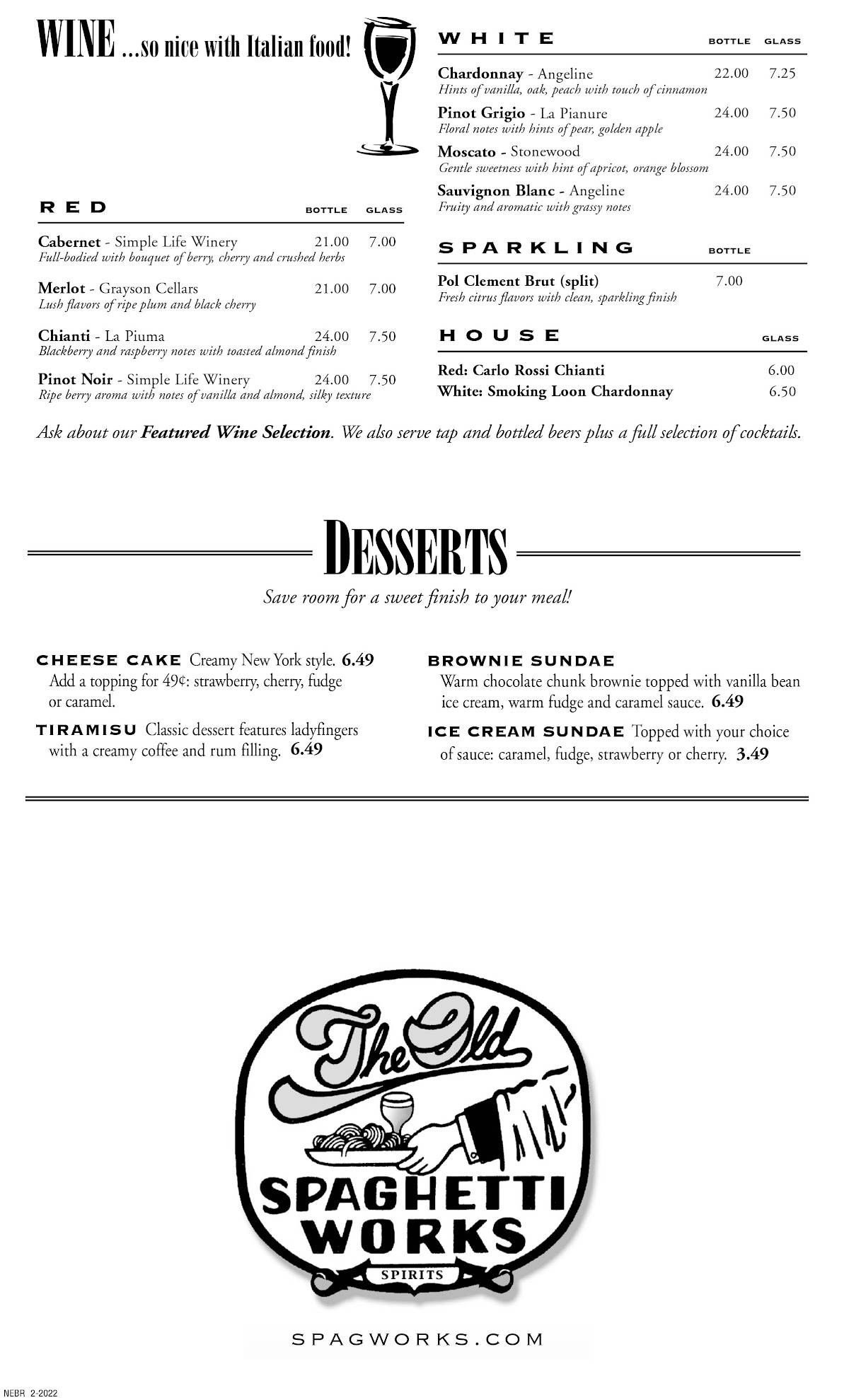 Menu at Spaghetti Works restaurant, Ralston, Park Dr