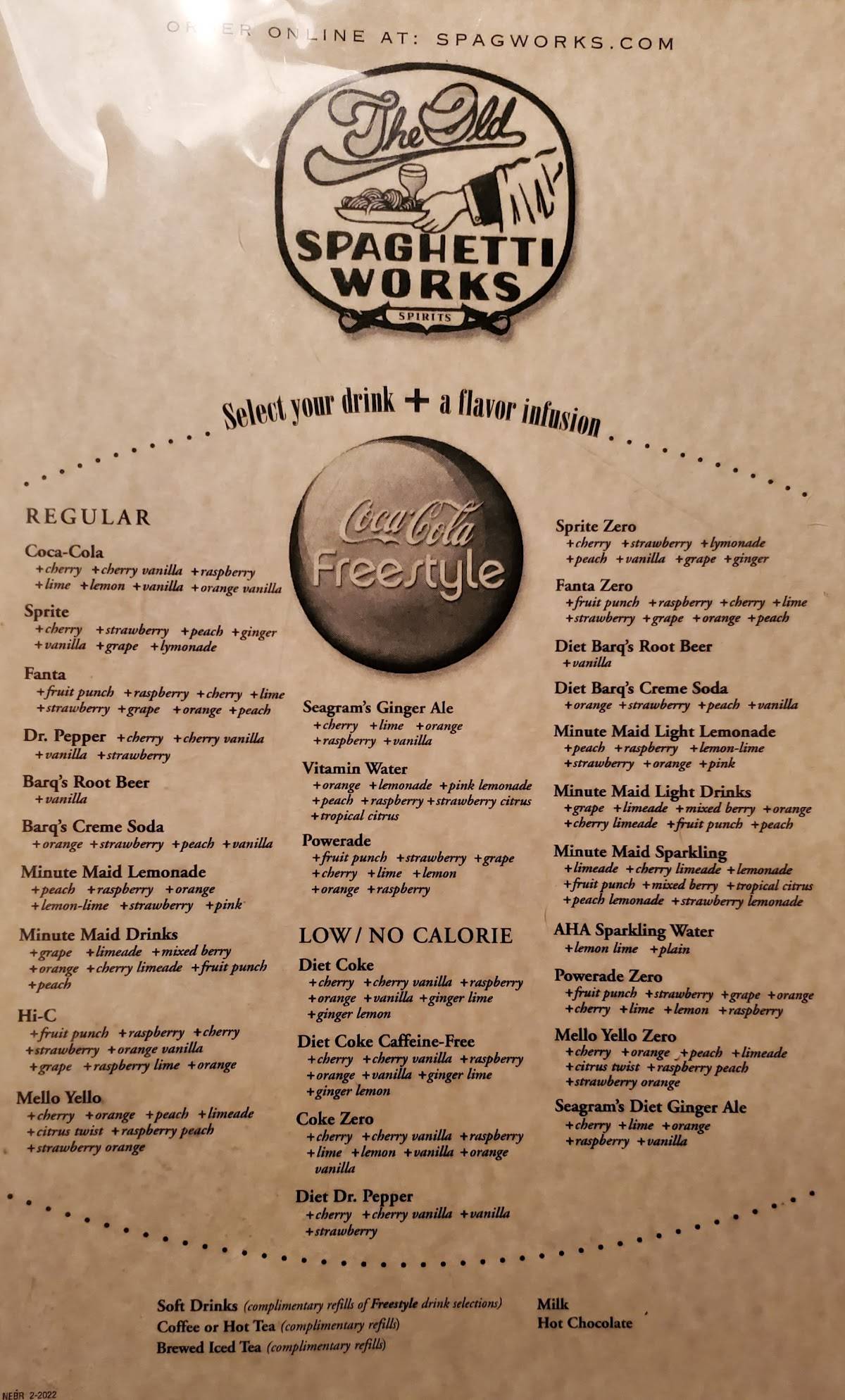 Menu at Spaghetti Works restaurant, Ralston, Park Dr