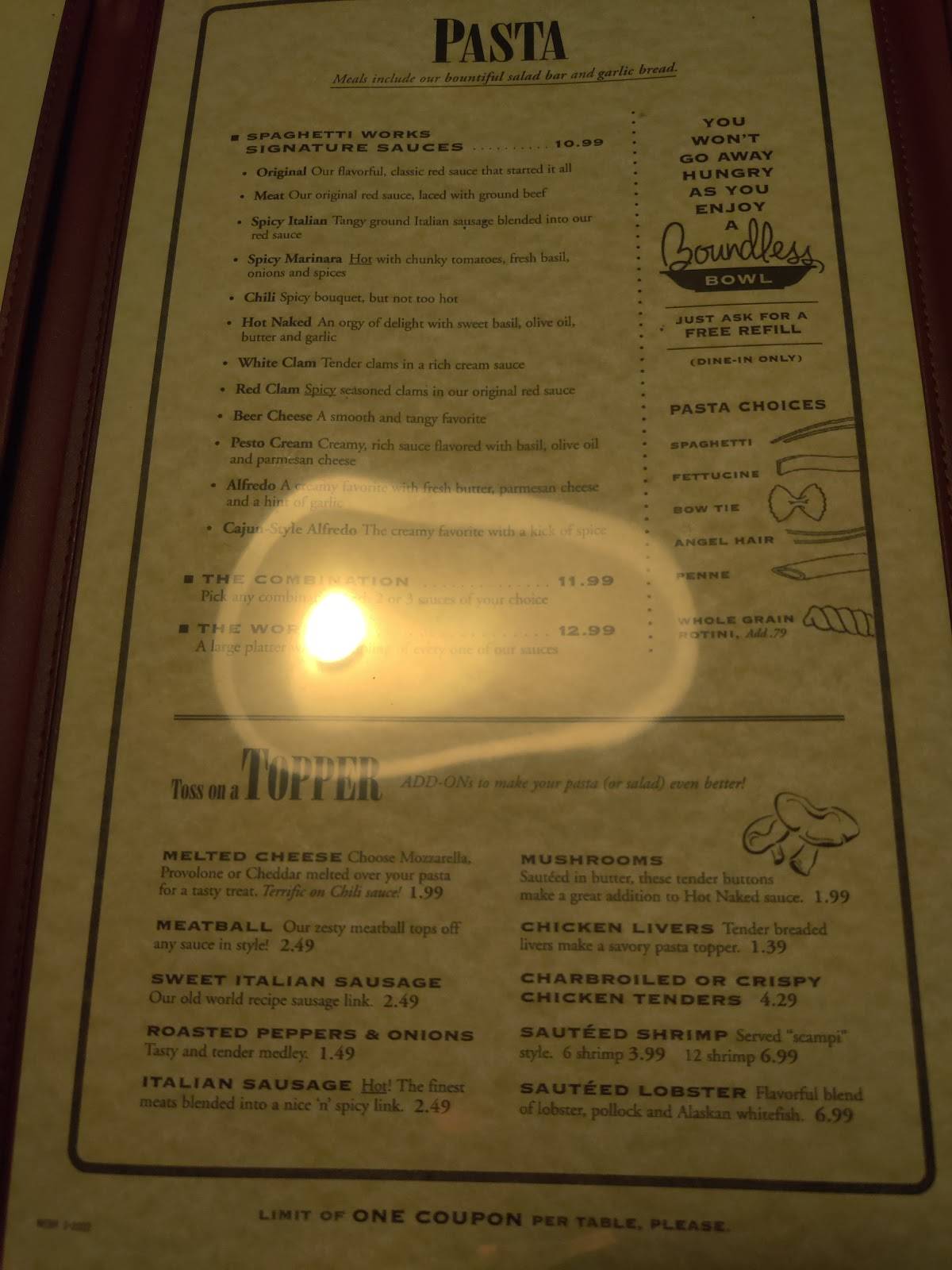 Menu at Spaghetti Works restaurant, Ralston, Park Dr