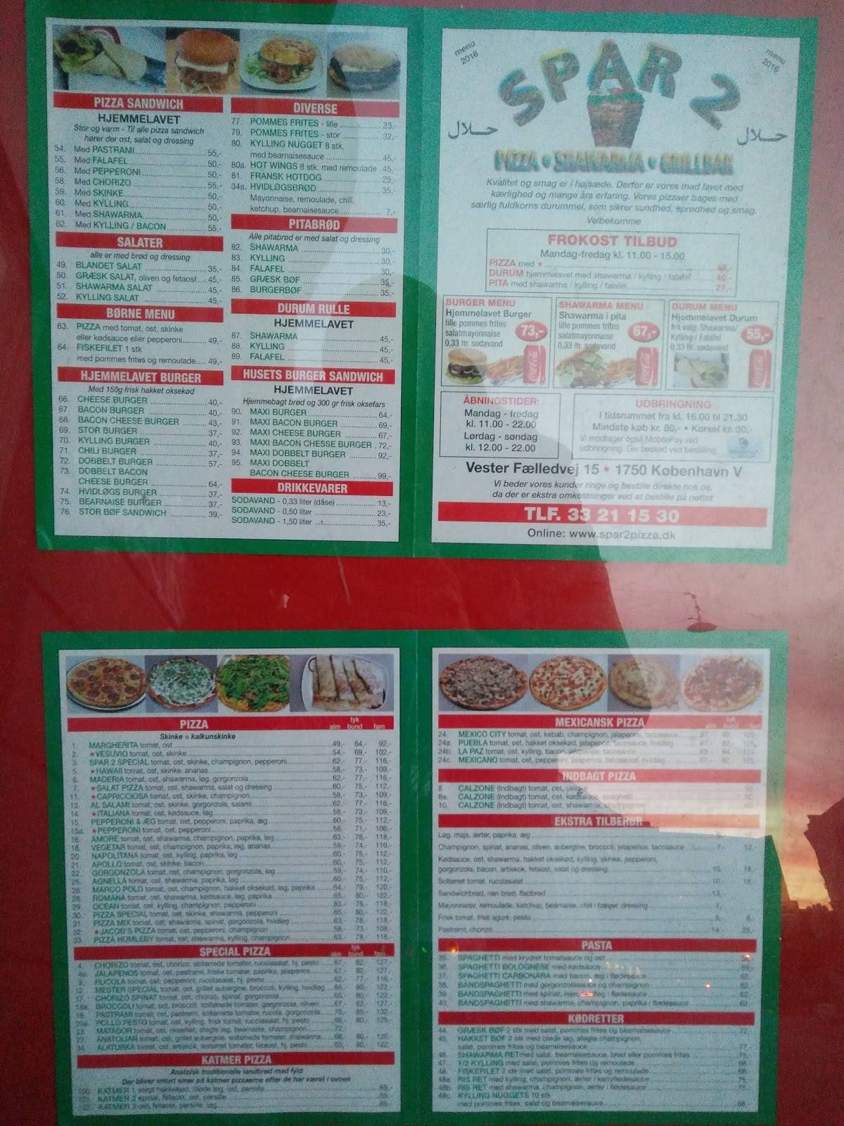 Menu at Spar 2 Pizza og Grillbar, Copenhagen