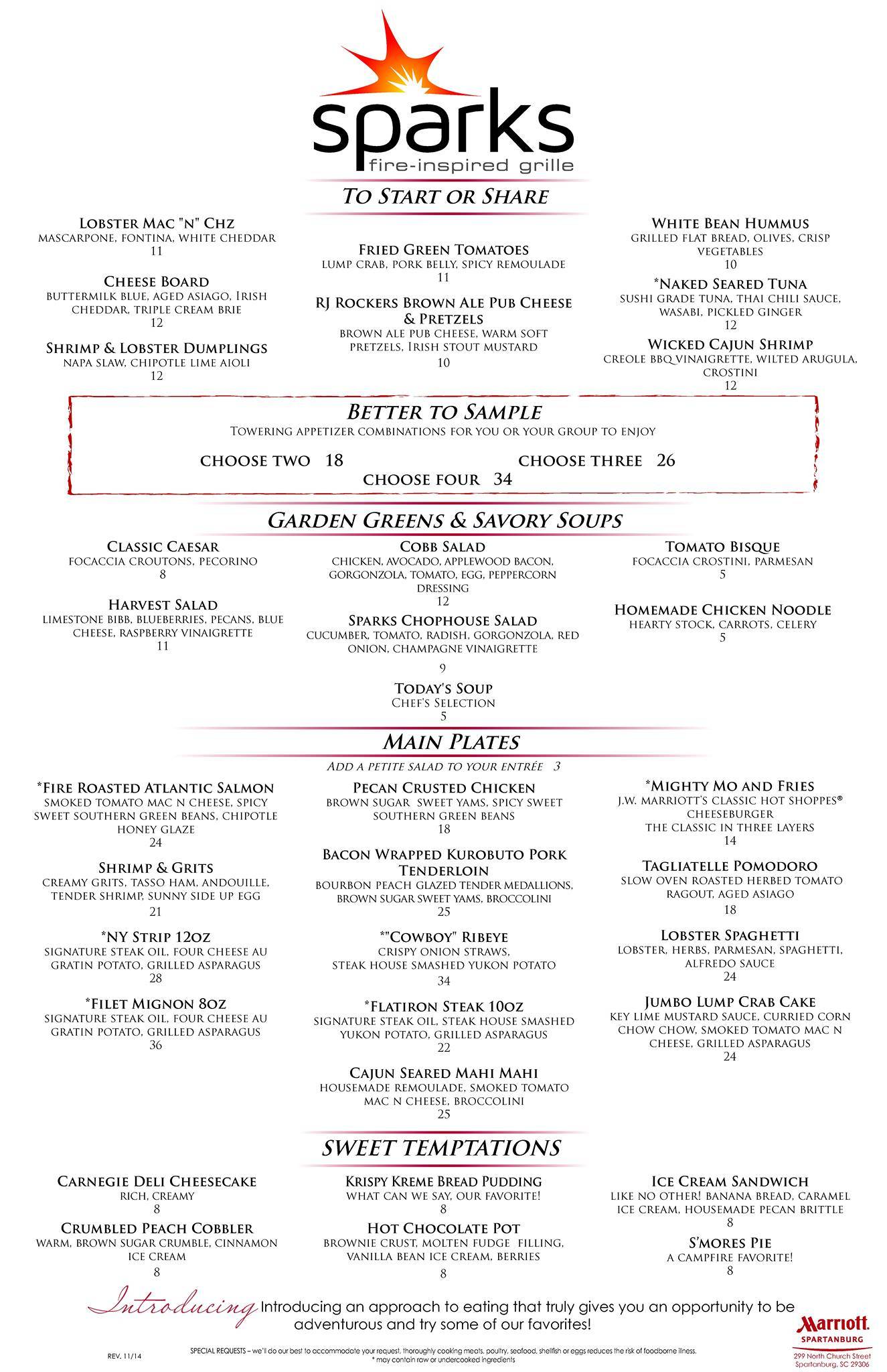 Menu at Sparks restaurant, Spartanburg
