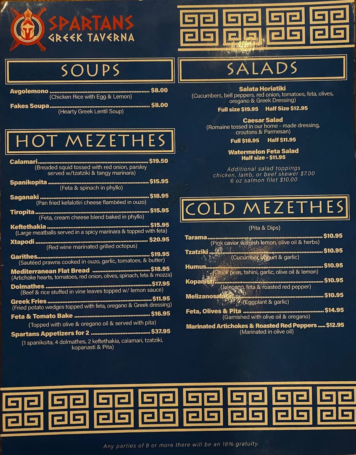 Menu au Spartans Greek Taverna restaurant, Edmonton