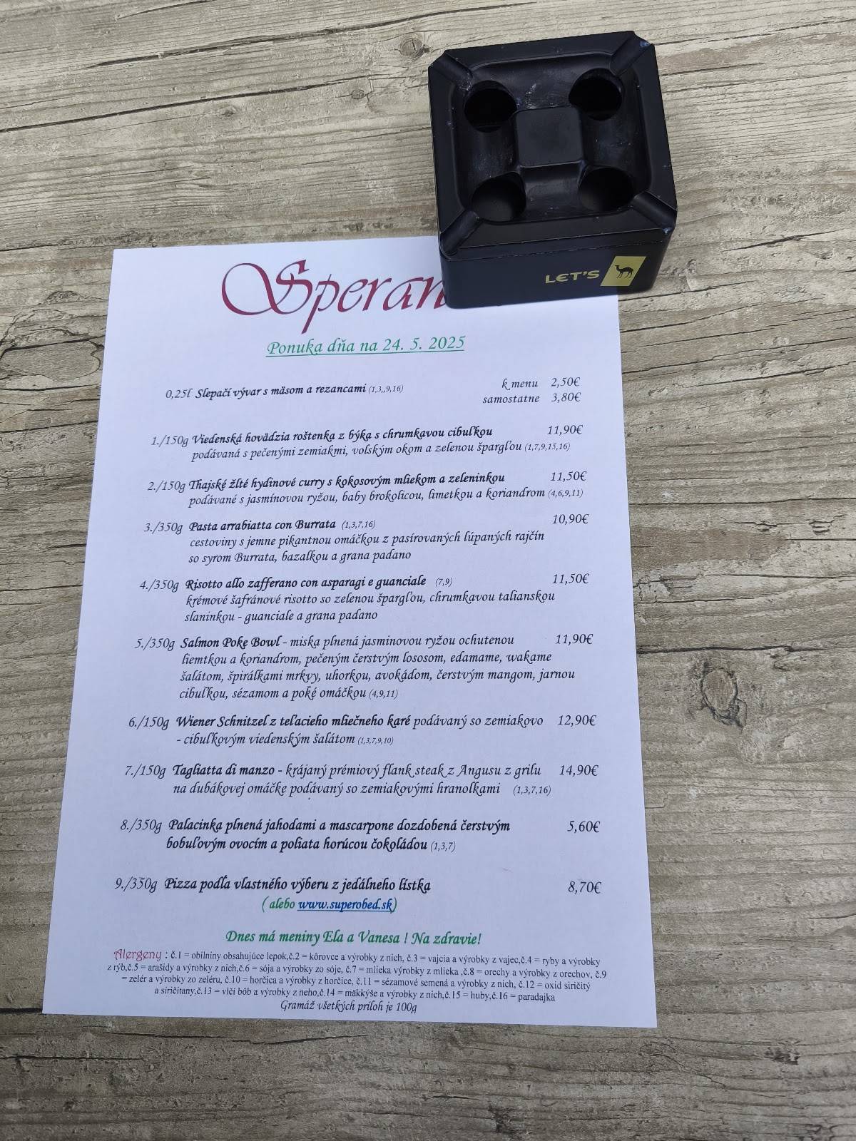 Menu at Speranza restaurant, Trenčín