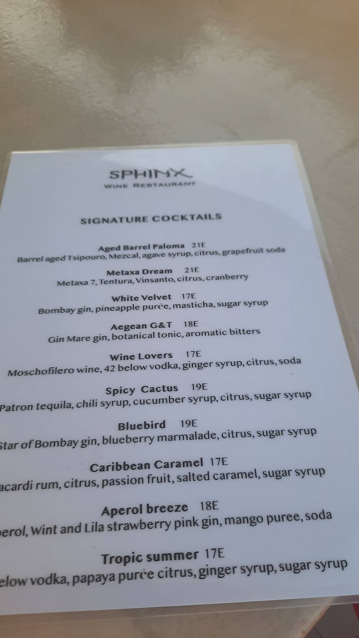 Menu at Sphinx Wine Restaurant, Oia