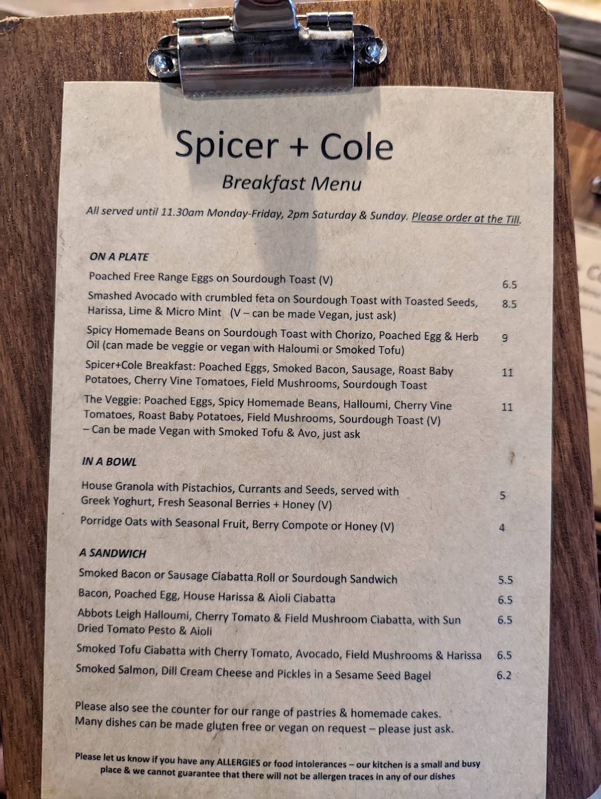 Menu at Spicer+Cole cafe, Bristol