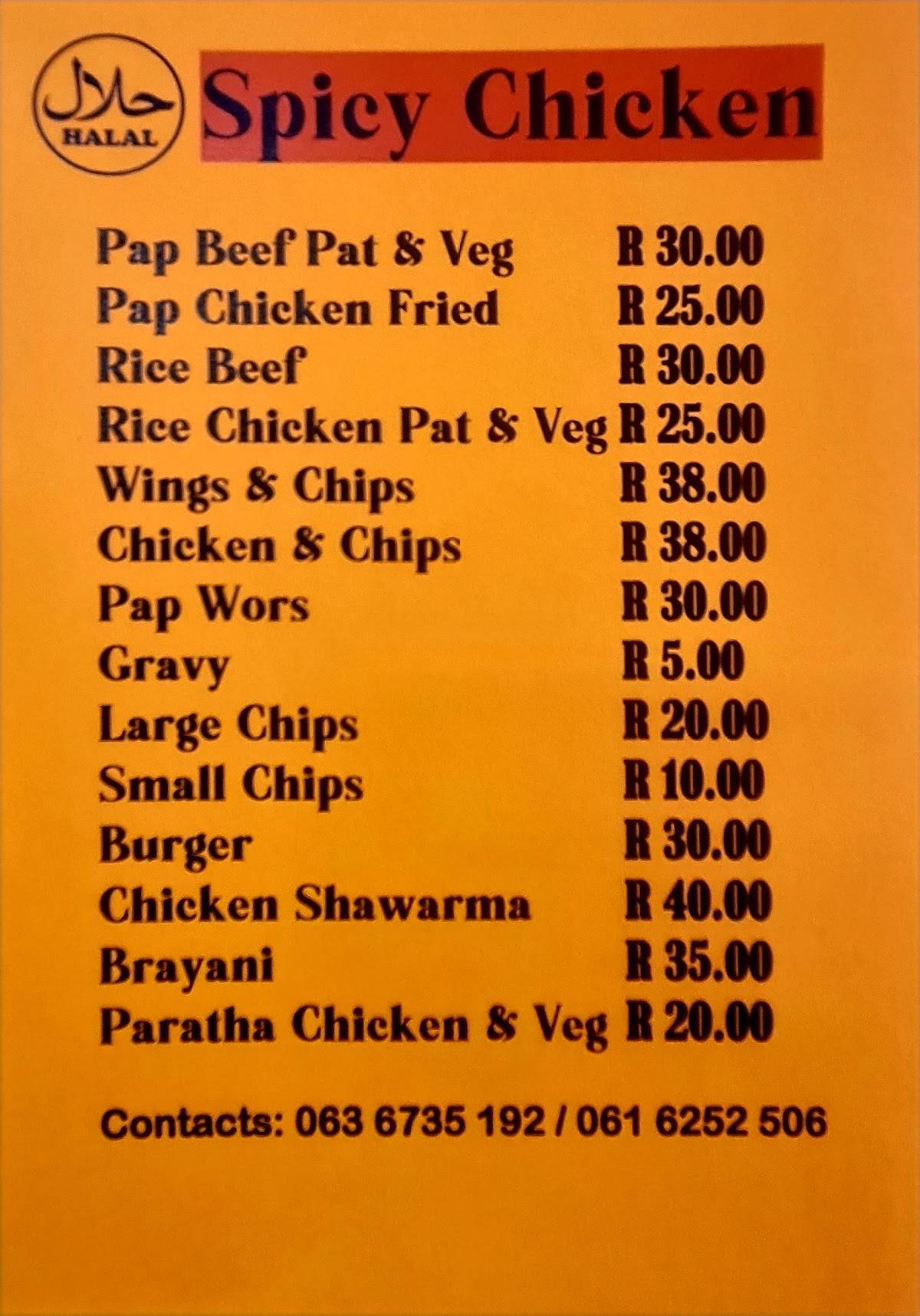 Speisekarte von Spicy chicken restaurant, Hendrina