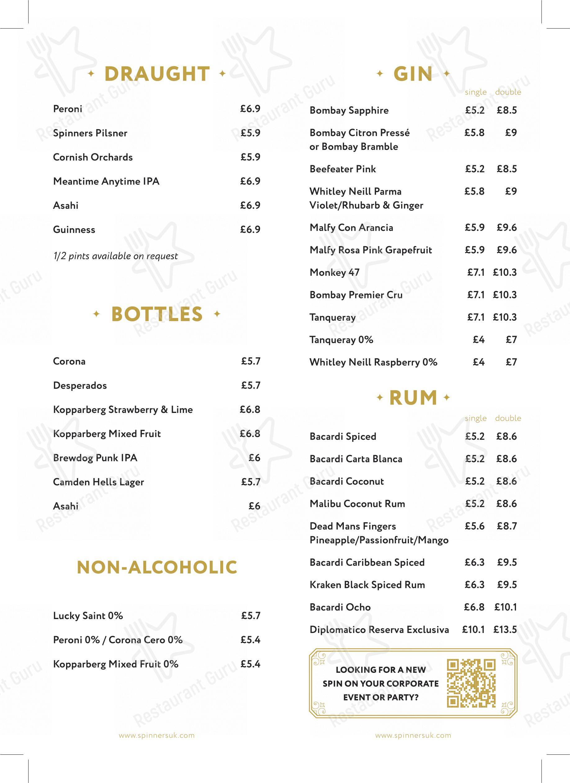 Menu at Spinners Crazy Golf & Bowling pub & bar, Solihull