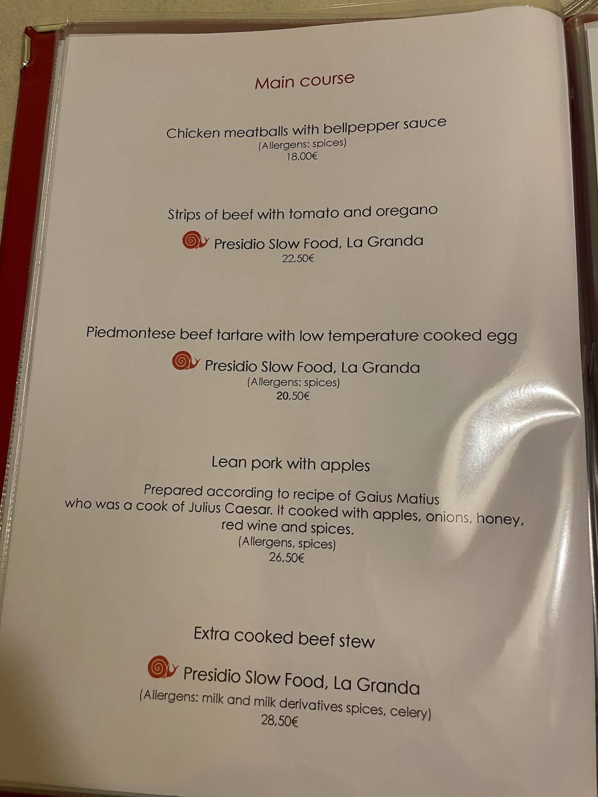 Menu at Spirito di Vino restaurant, Rome