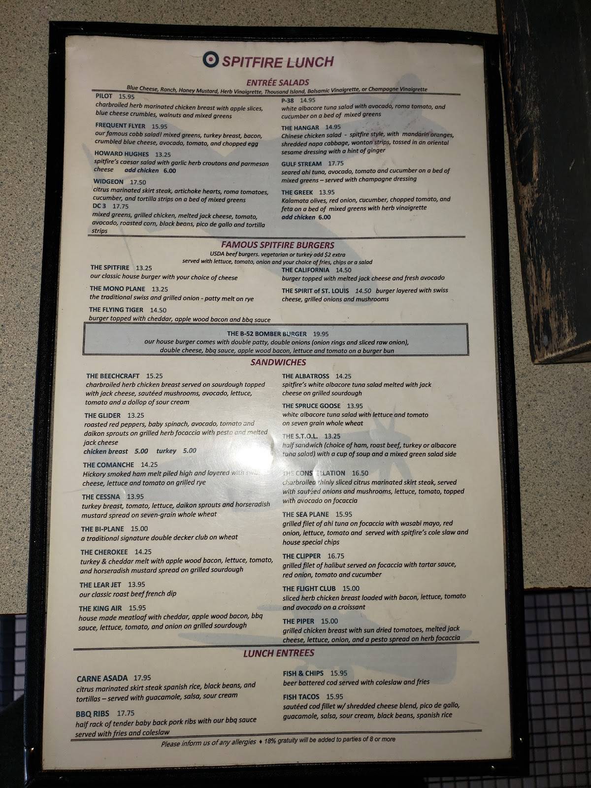 Menu at Spitfire Grill restaurant, Santa Monica