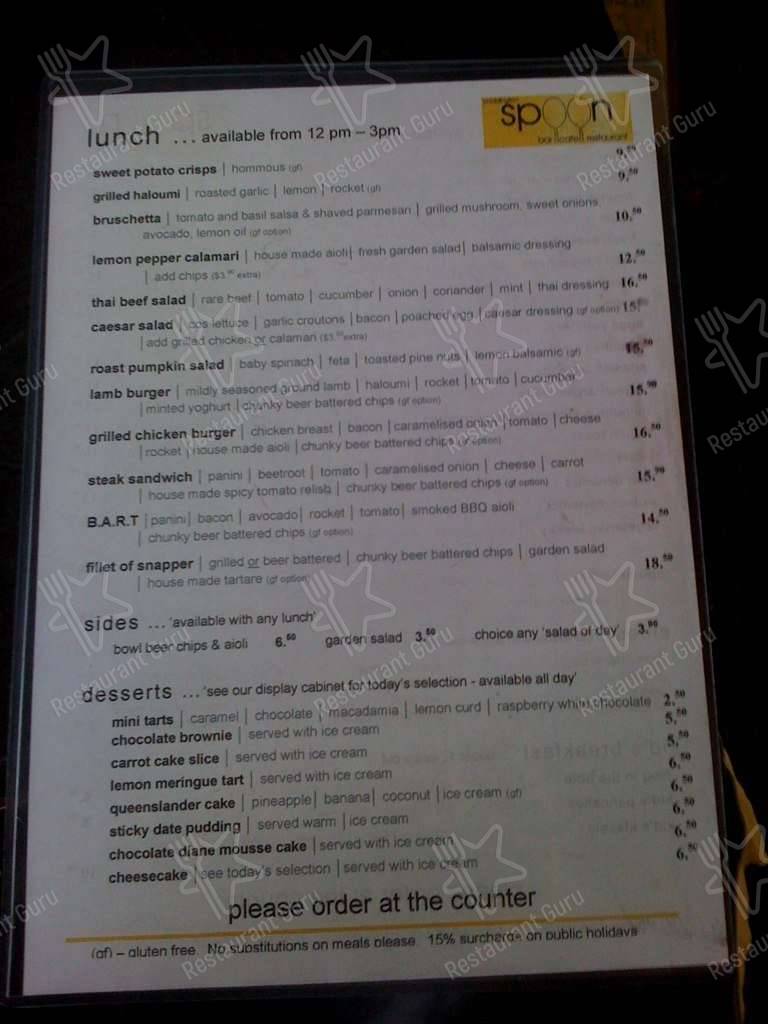 Menu at Spoon Cafe, Paddington, 107 Latrobe Tce