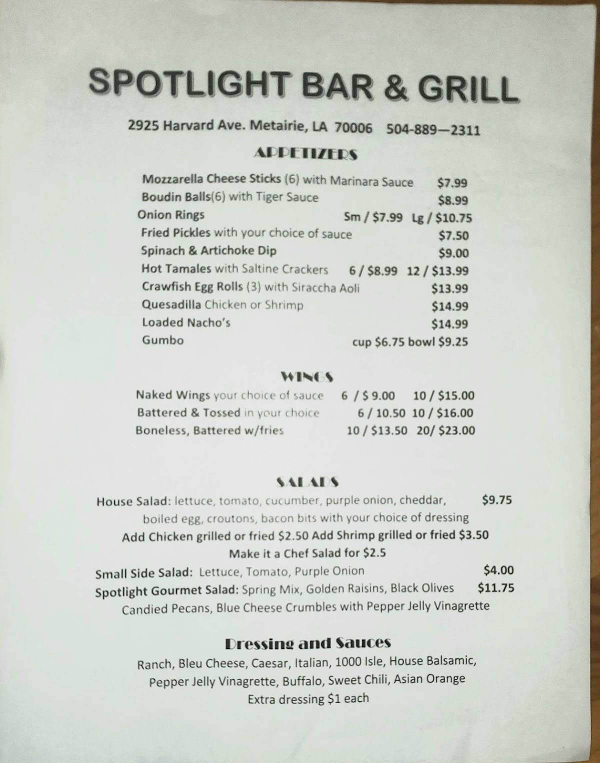 Menu at Spotlight Restaurant & Bar, Metairie