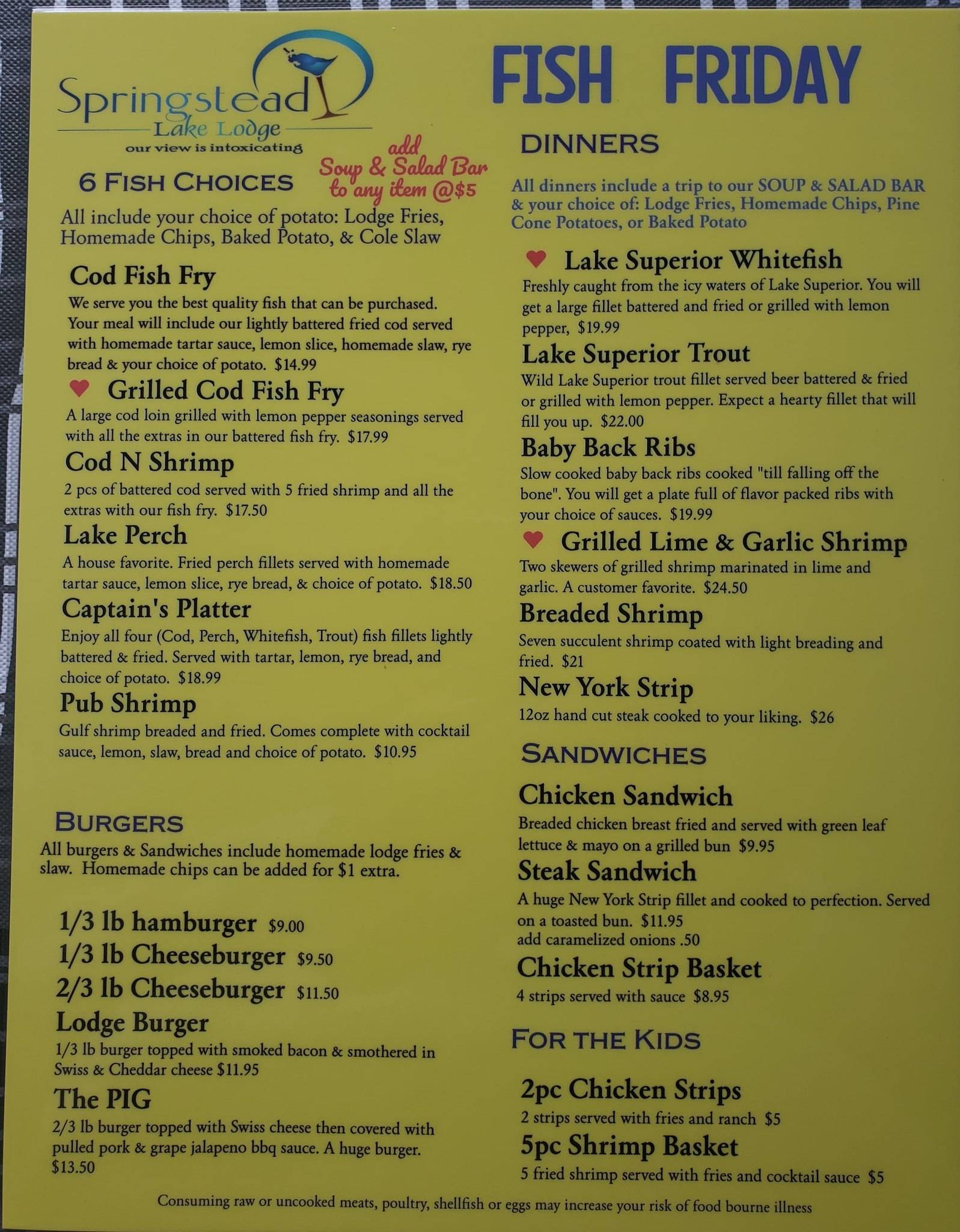 Menu at Springstead Lake Lodge pub & bar, Springstead