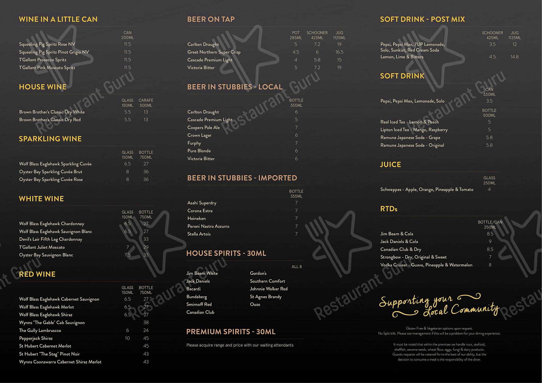 Menu at Greyhounds Entertainment restaurant, Springvale
