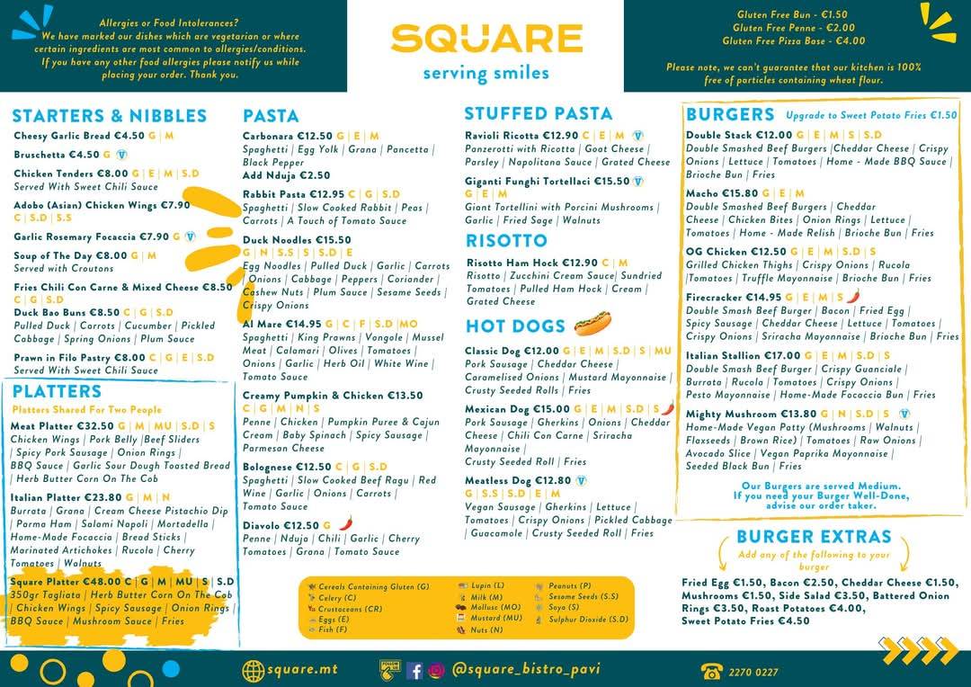 Menu at Square Bistro-Pizzeria-Cafe, Qormi