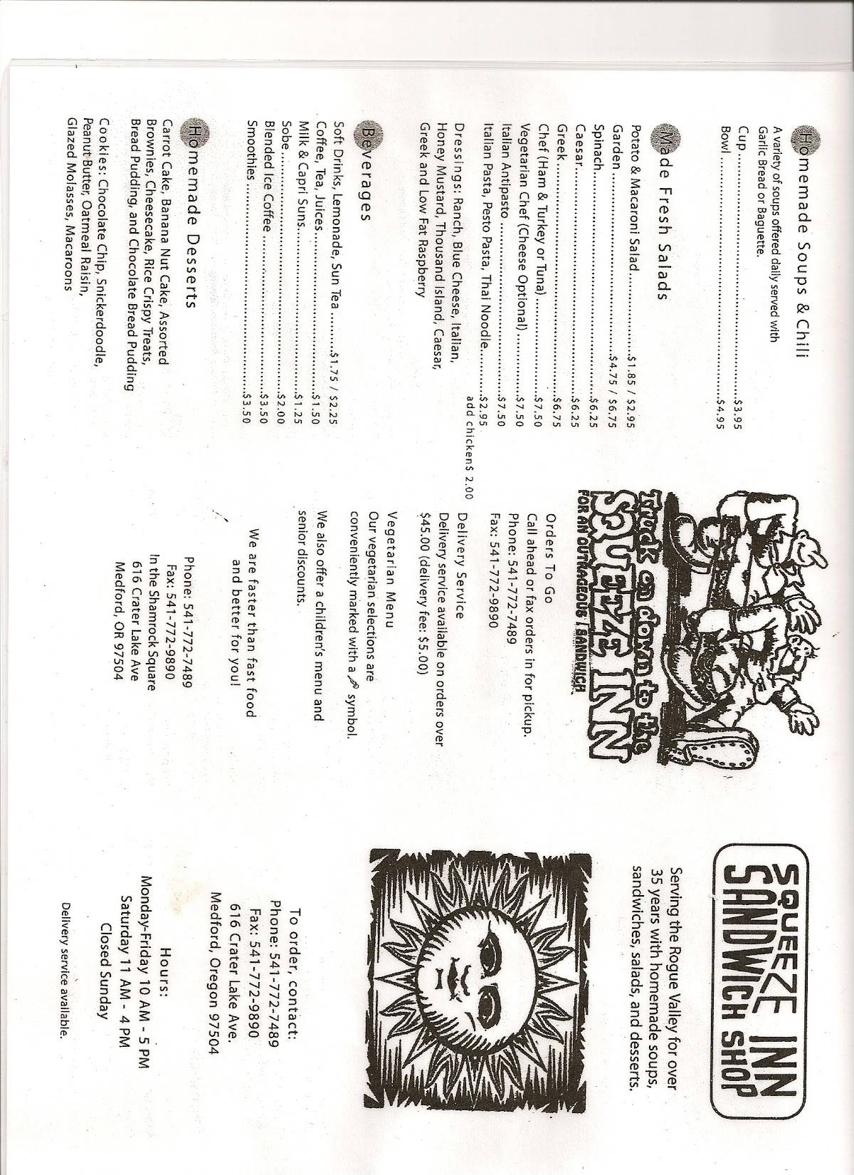 Menu at Squeeze Inn Sandwich Shop desserts, Medford