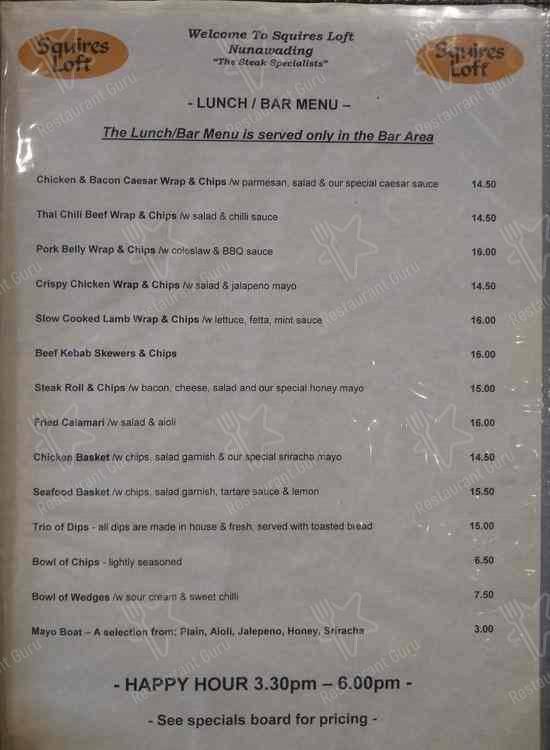 Menu at Squires Loft Nunawading steakhouse, Nunawading