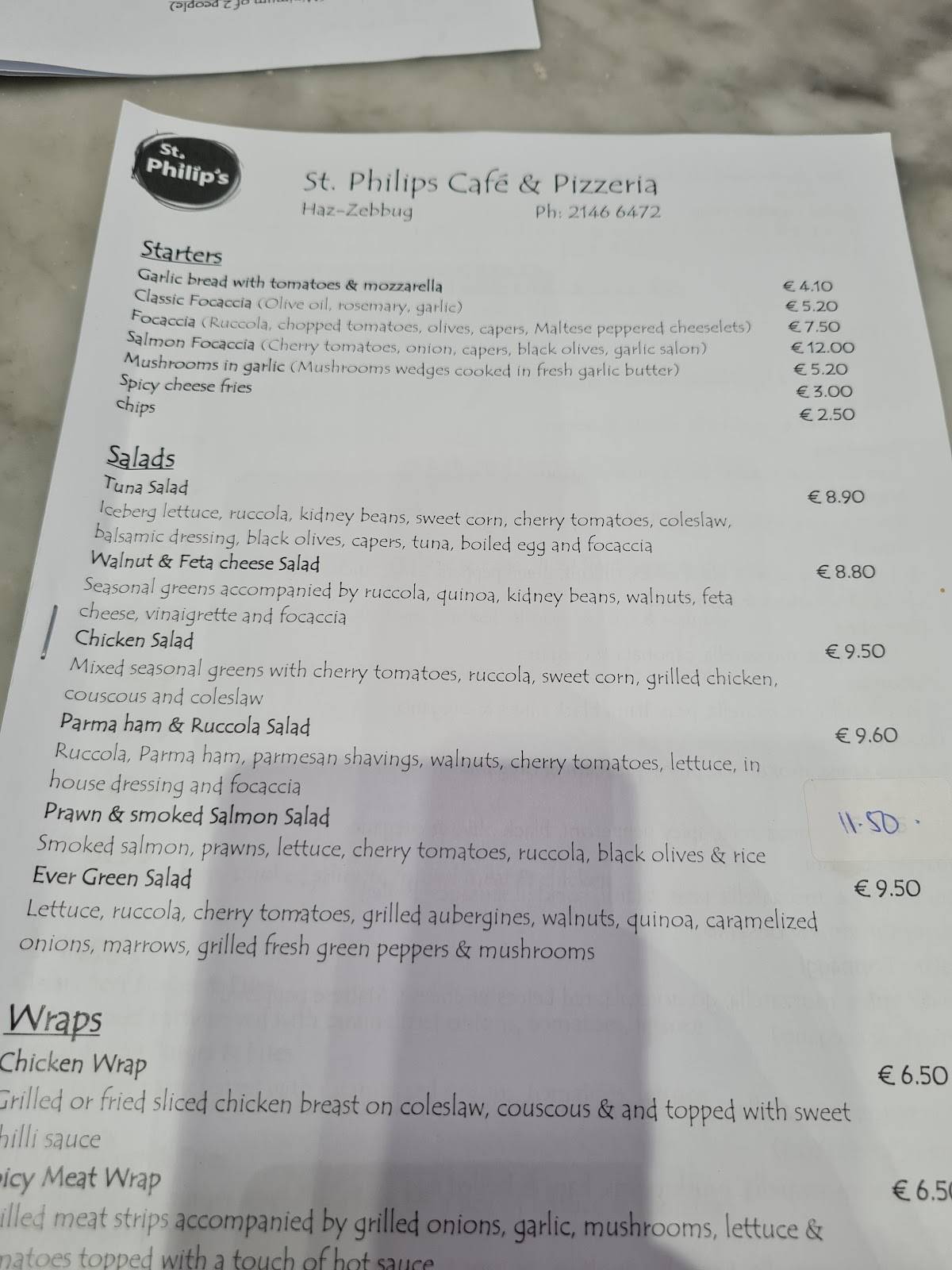 Menu at St. Philip Bar & Restaurant, Haz-Zebbug