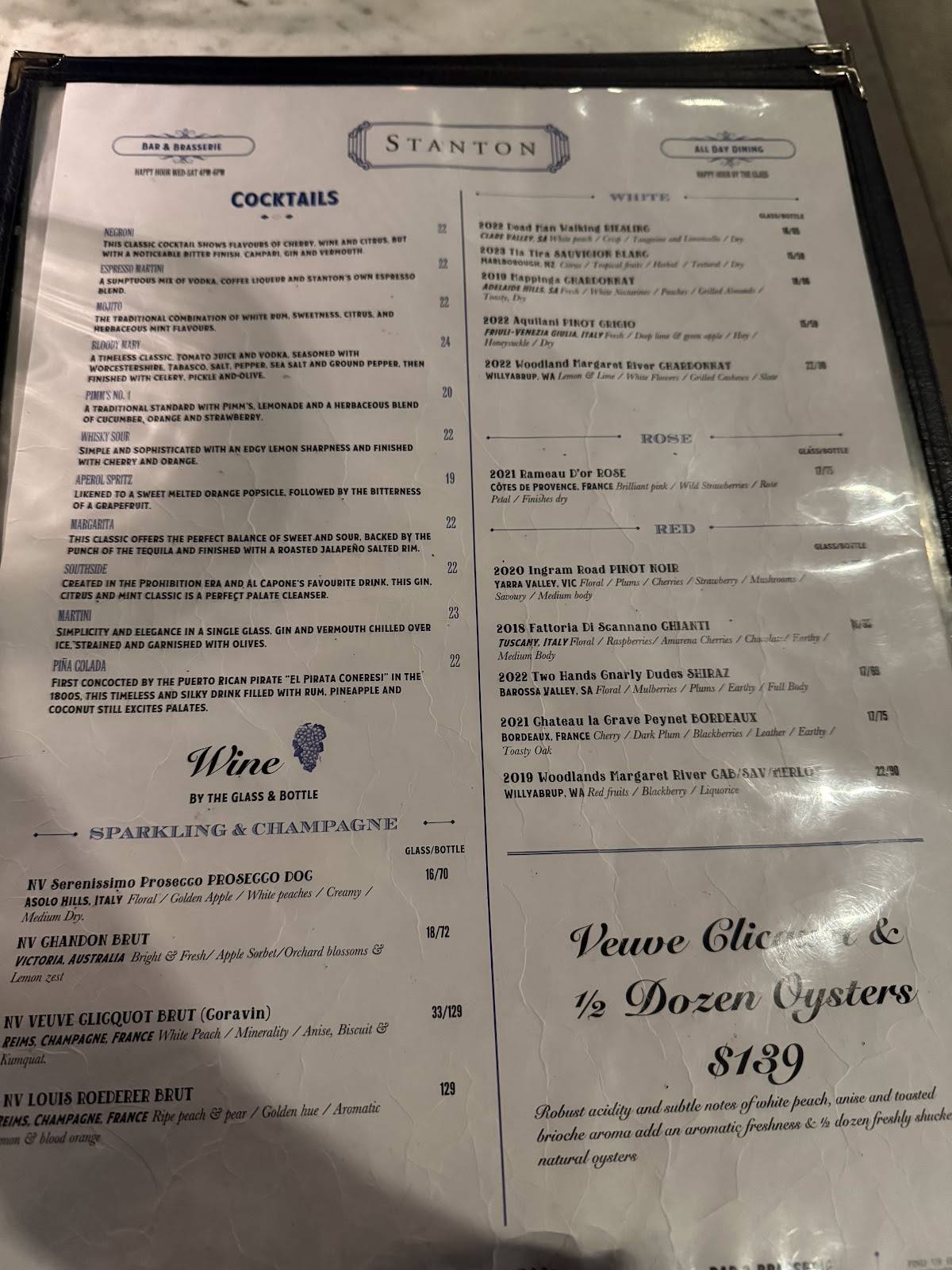 Menu at Stanton Brasserie, Bar & Pizzeria, Brisbane City