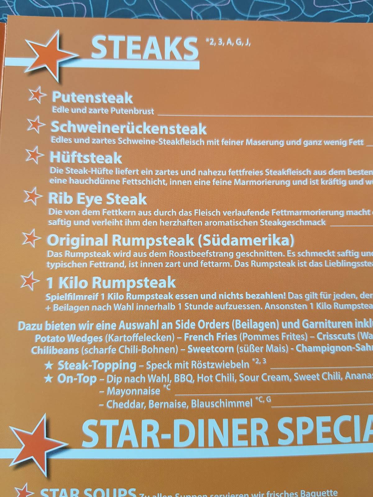 Speisekarte von Star Diner restaurant, Essen