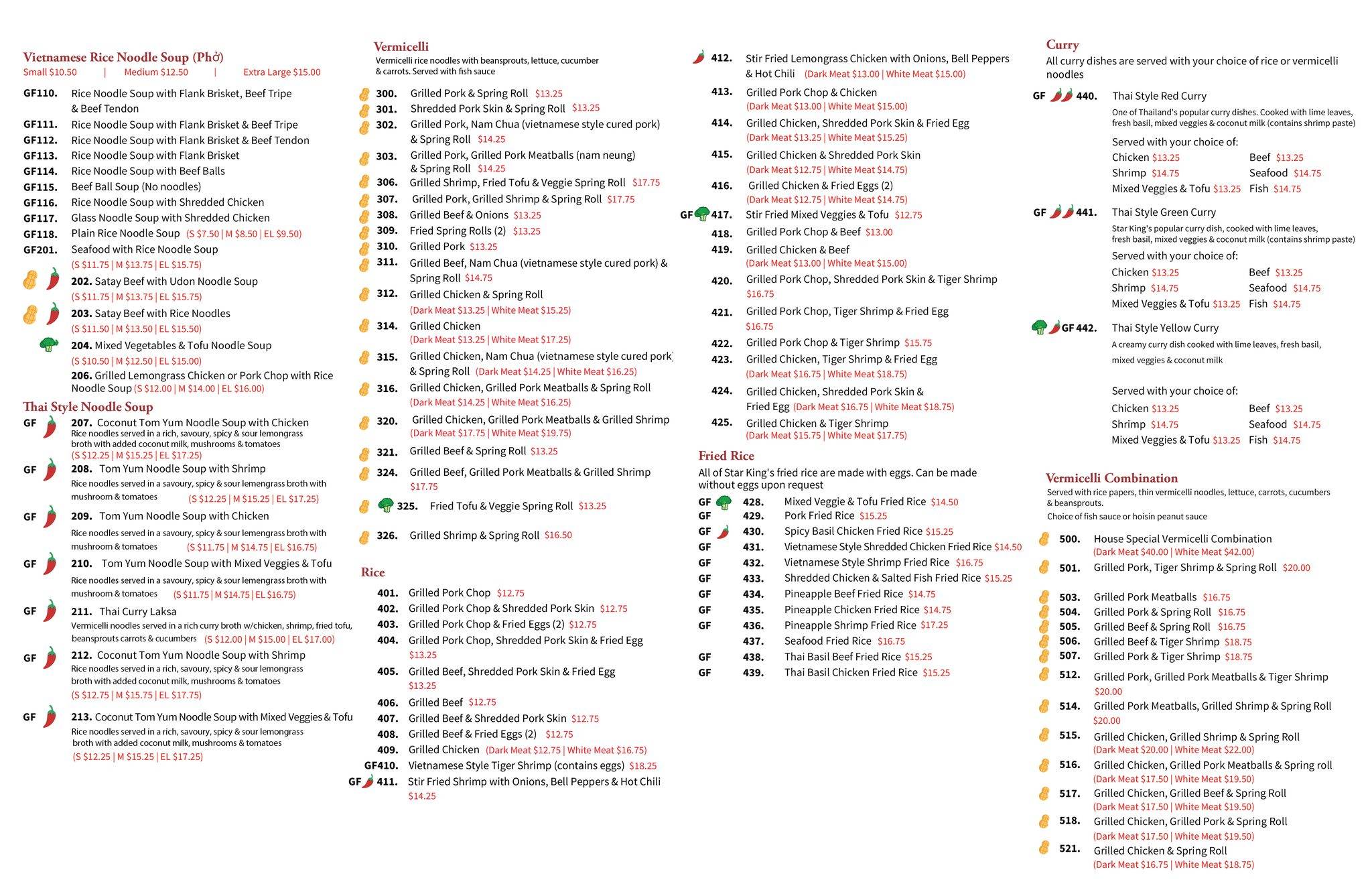 Menu at Star King Viet Thai Cuisine restaurant, Toronto, Yonge St