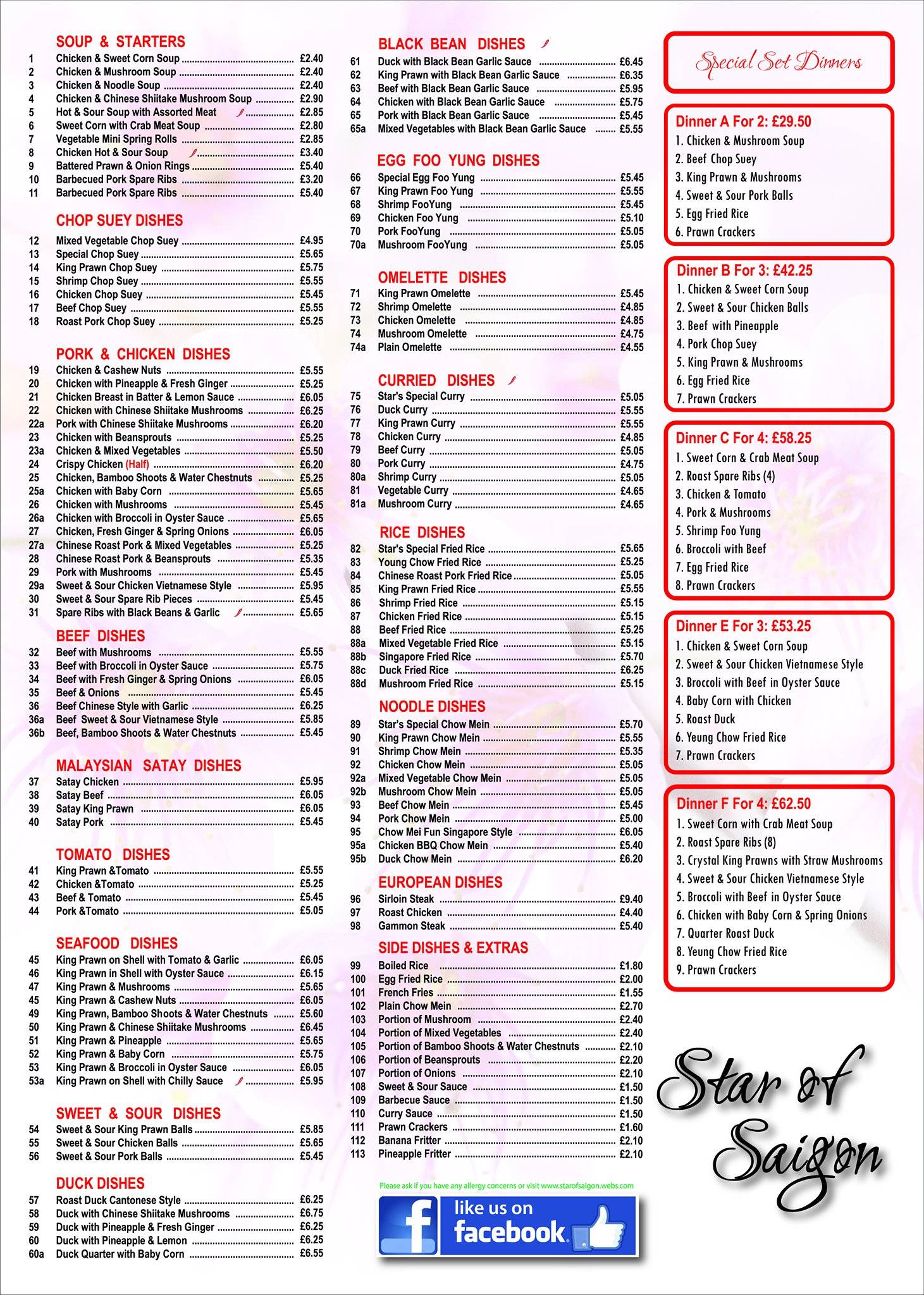 Menu at Star Of Saigon fast food, Kilgetty