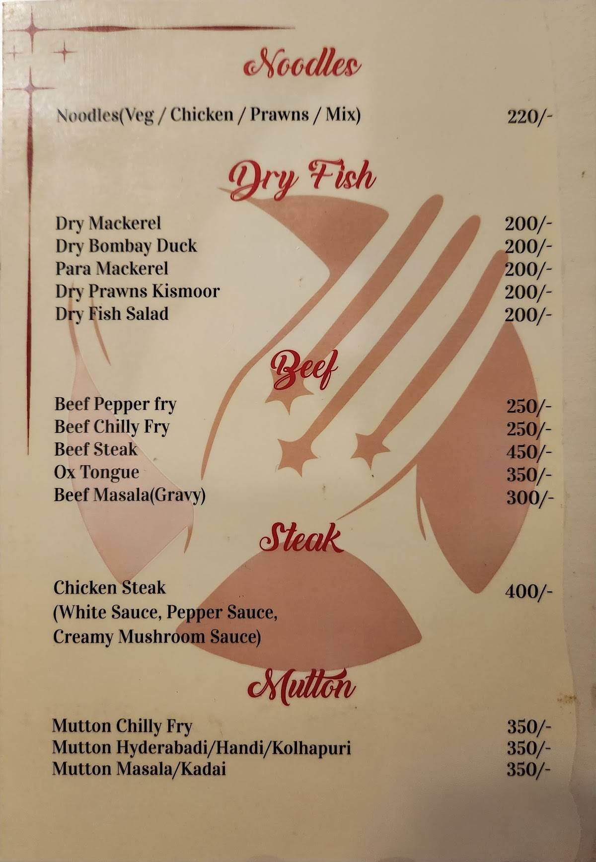 Menu at Starlight, Assolna, Assolna - Cuncolim Rd