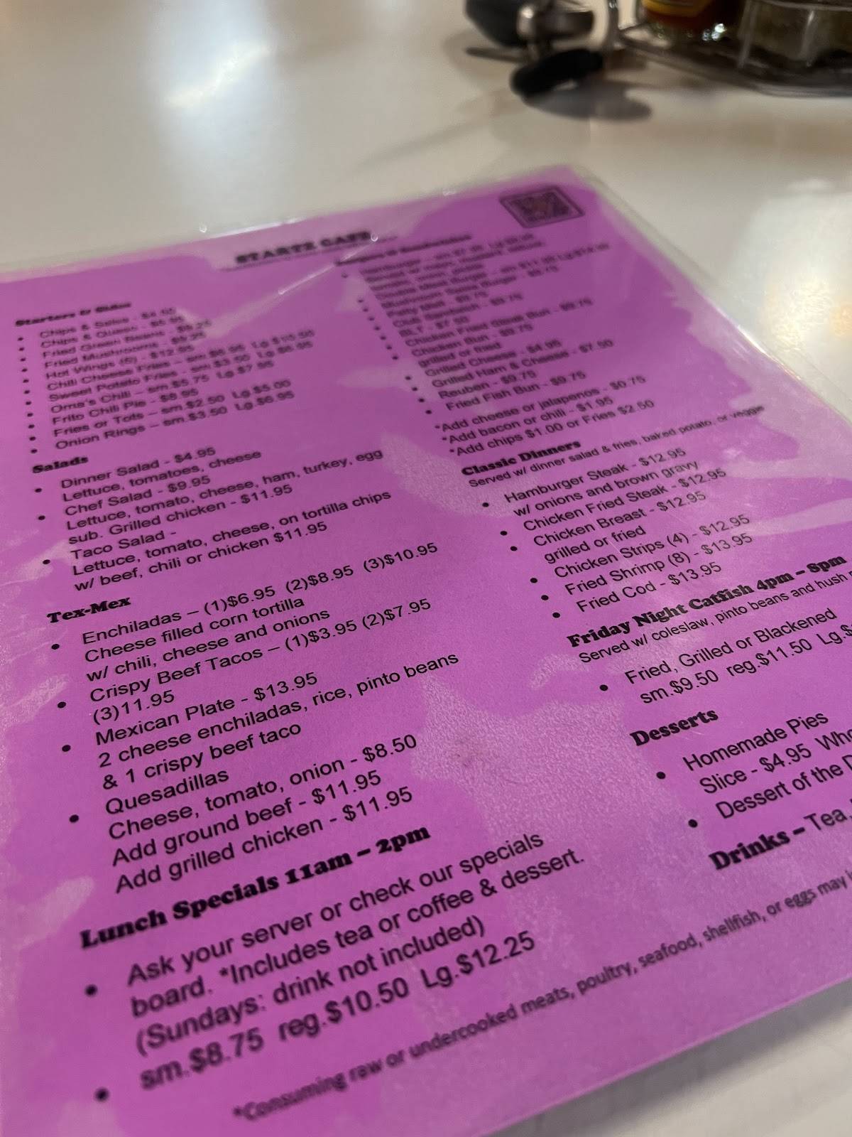 Menu at Startz Cafe, Canyon Lake