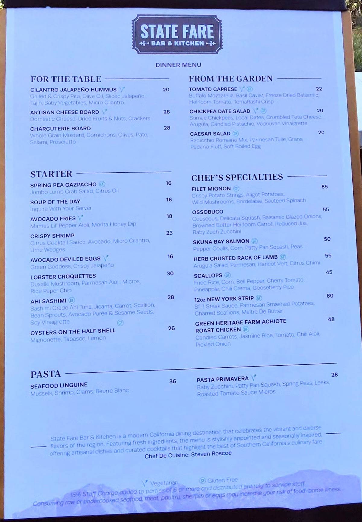 Menu at State Fare Bar & Kitchen, Rancho Mirage
