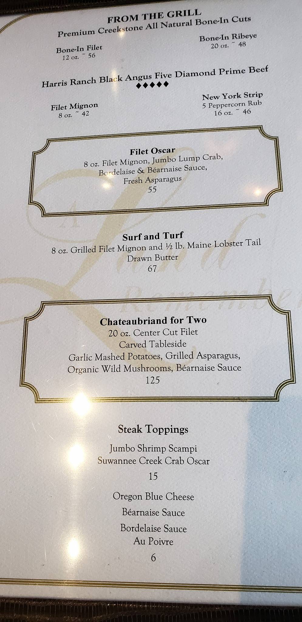 Menu at A Land Remembered steakhouse, Orlando, Universal Blvd