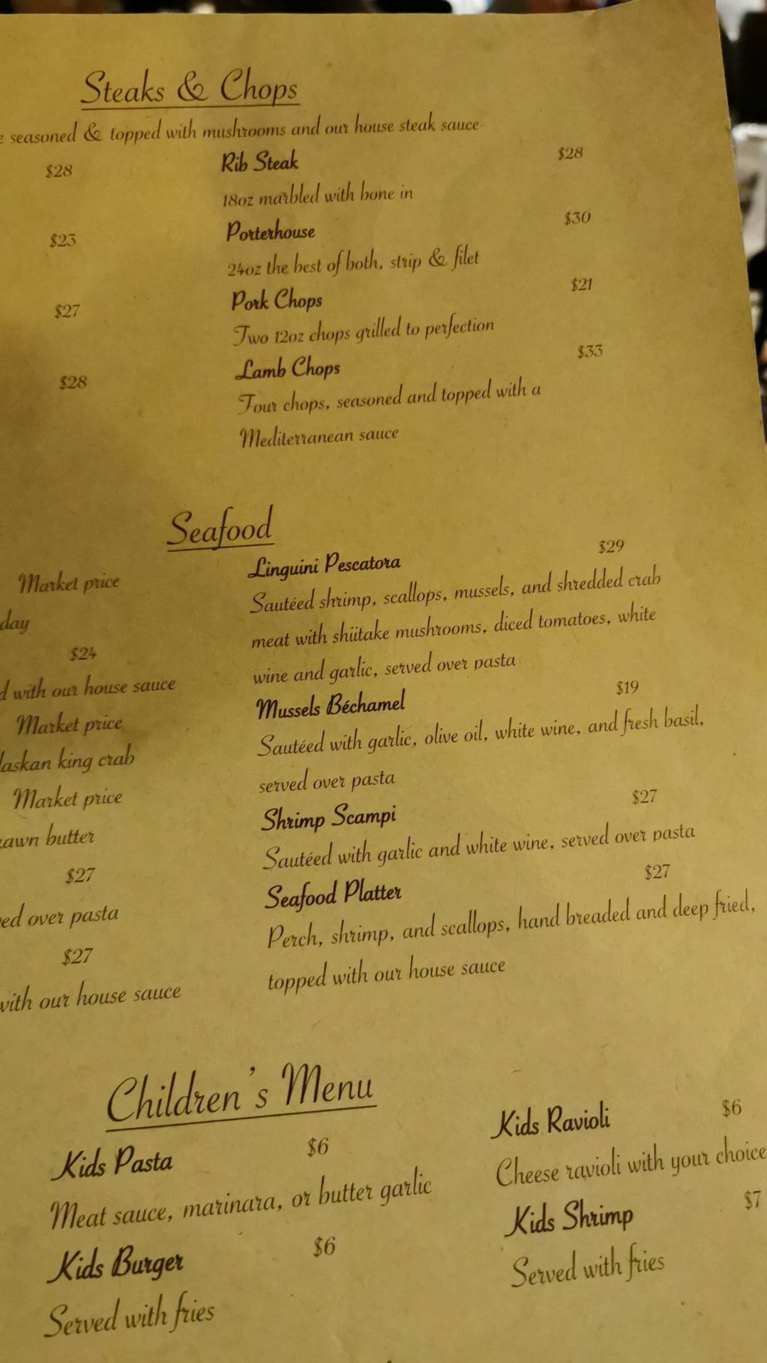 Menu at Angelo's Chop House steakhouse, Monroe