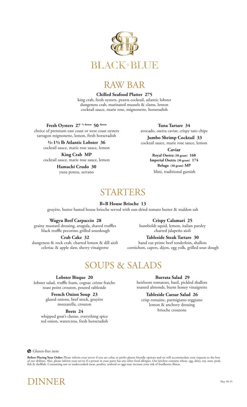 Menu at Black+Blue steakhouse, Vancouver