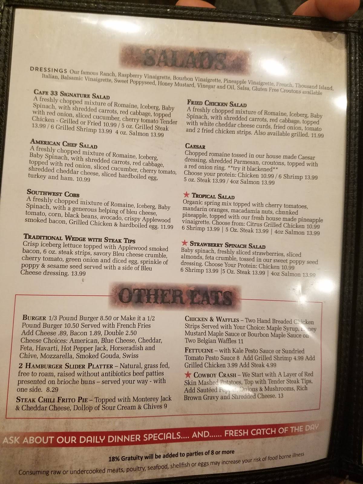 Menu at Cafe 33 Steakhouse and Whiskey Bar, Perkins