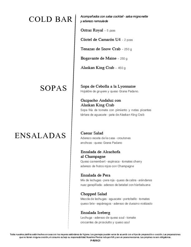 Carta de parrilla Chambao Polanco, Ciudad de México
